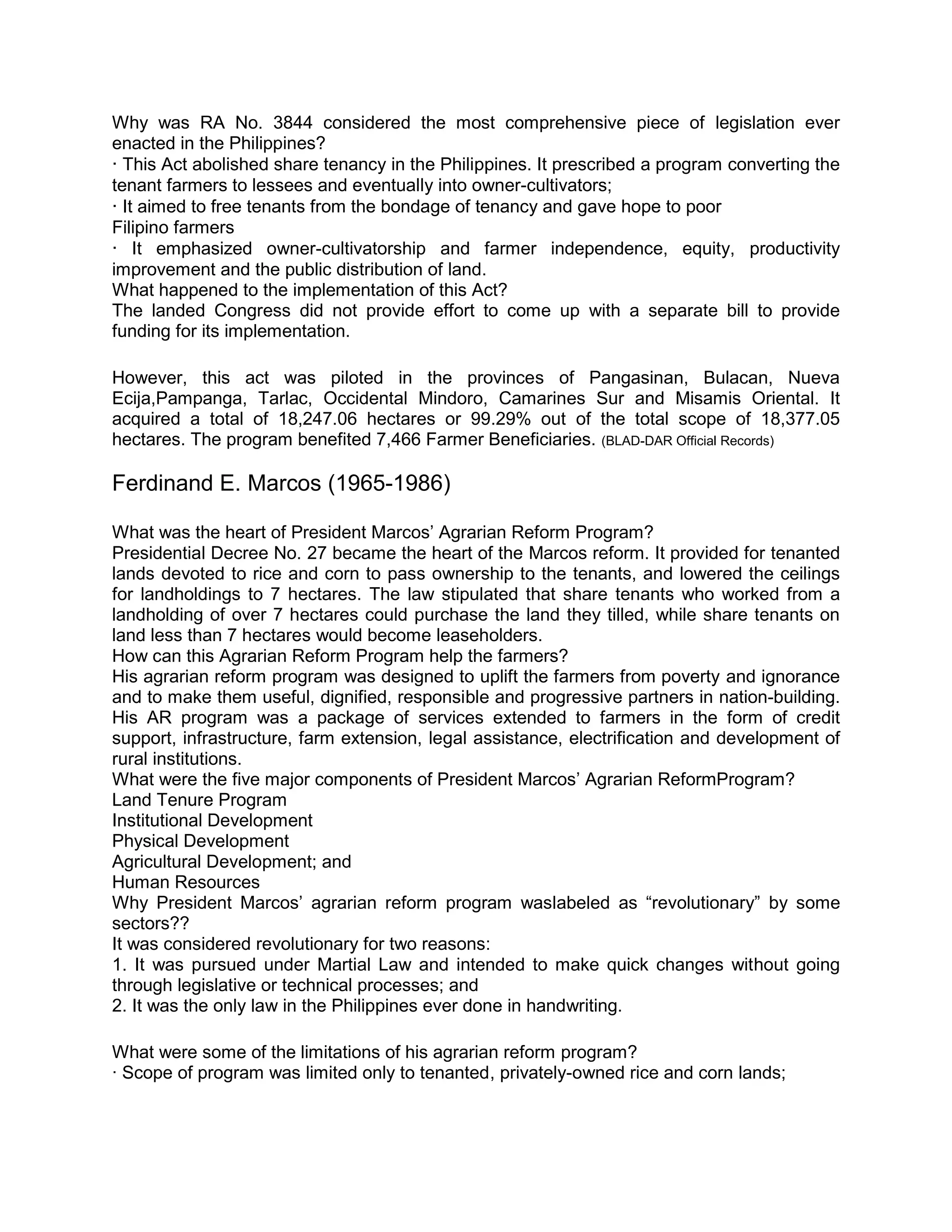 Agrarian land reform program (roxas aquino) | DOCX