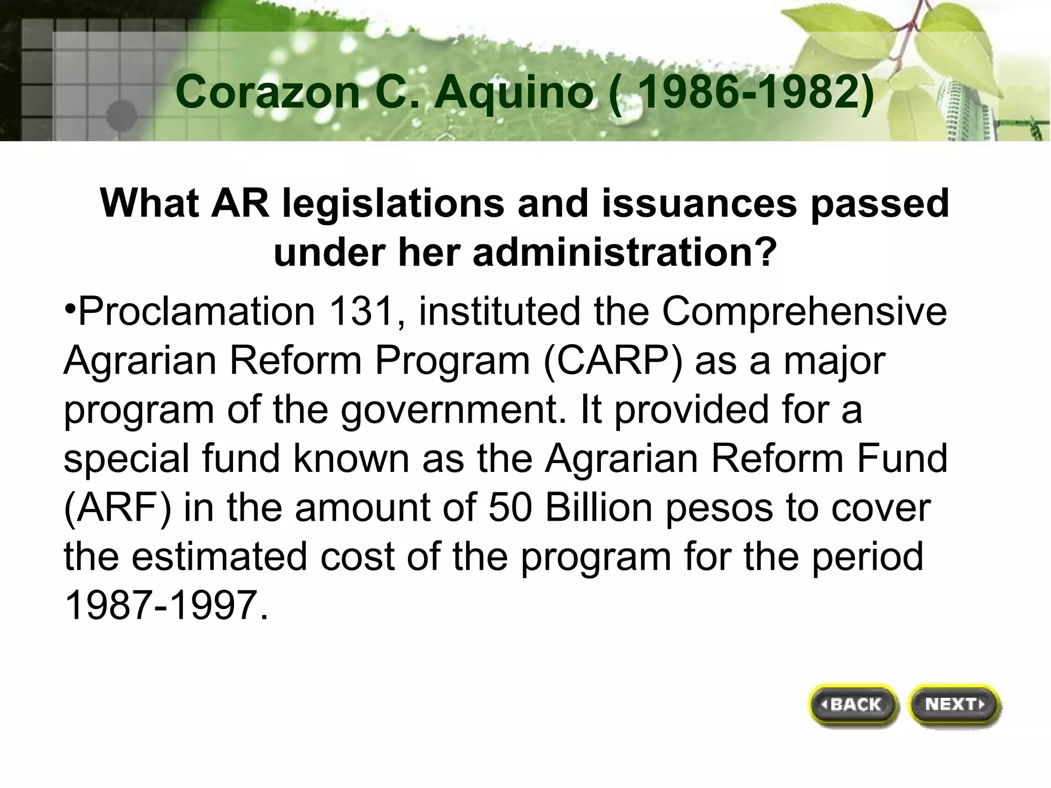 Agrarian land reform program (roxas aquino) | PPT