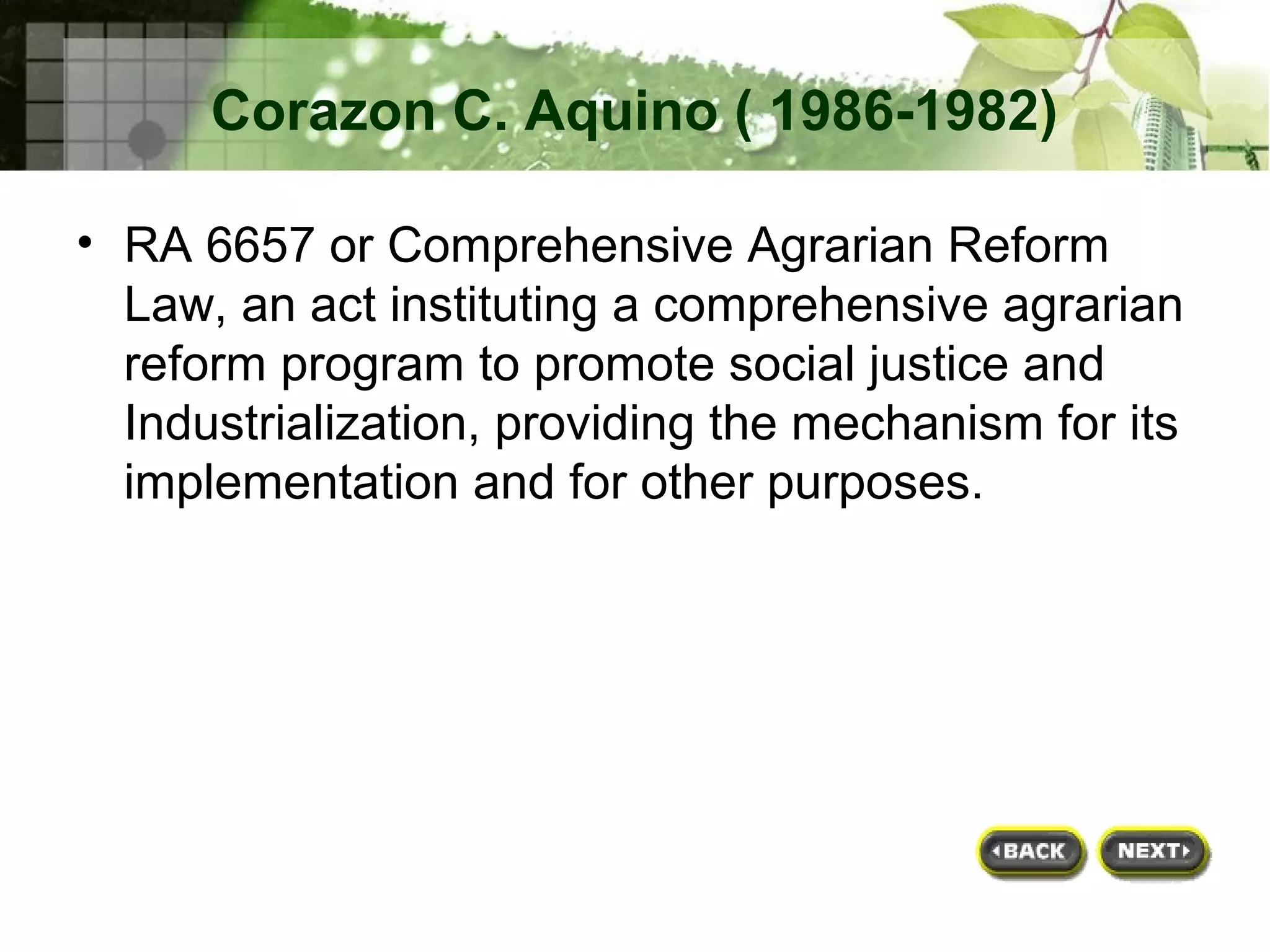 Agrarian land reform program (roxas aquino) | PPT