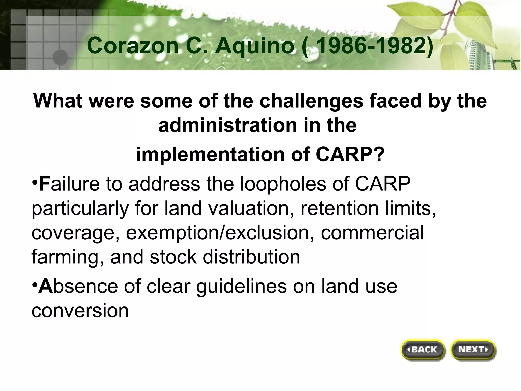 Agrarian land reform program (roxas aquino) | PPT