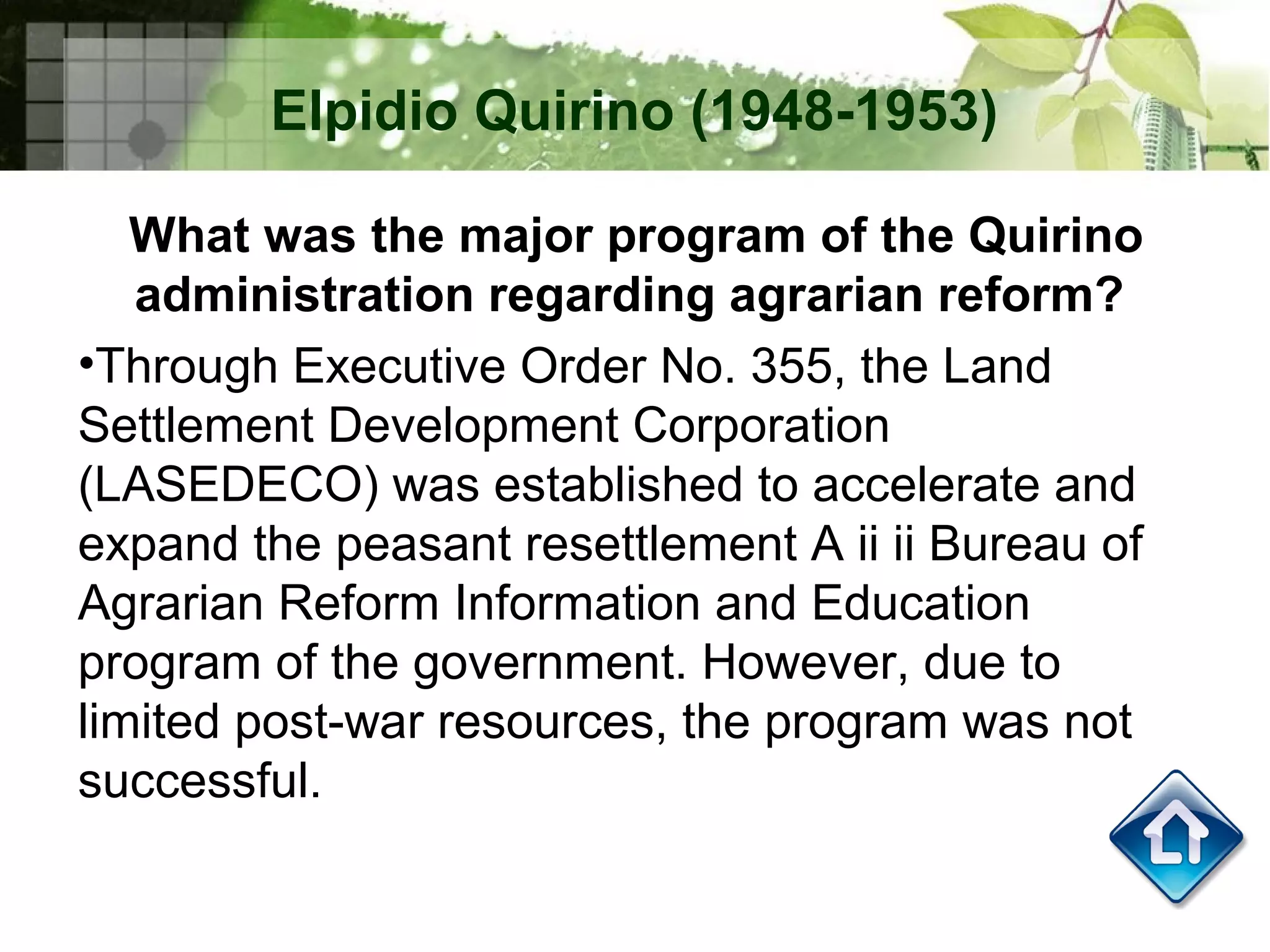 Agrarian land reform program (roxas aquino) | PPT