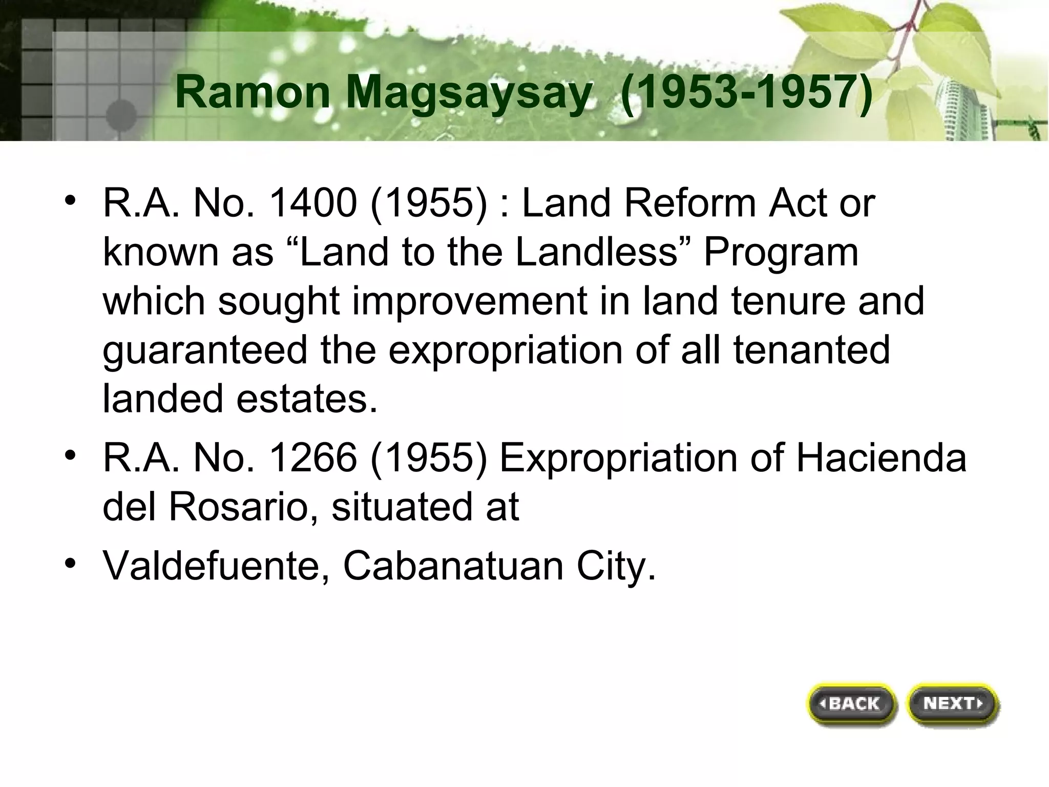 Agrarian land reform program (roxas aquino) | PPT