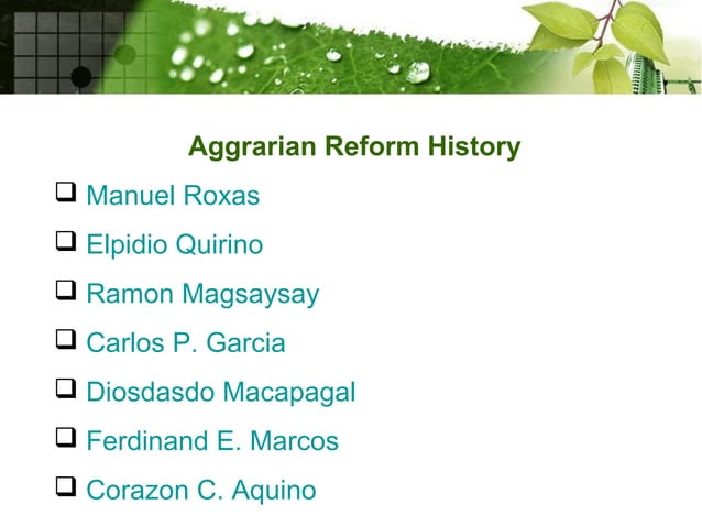 Agrarian land reform program (roxas aquino) | PPT | Agriculture ...