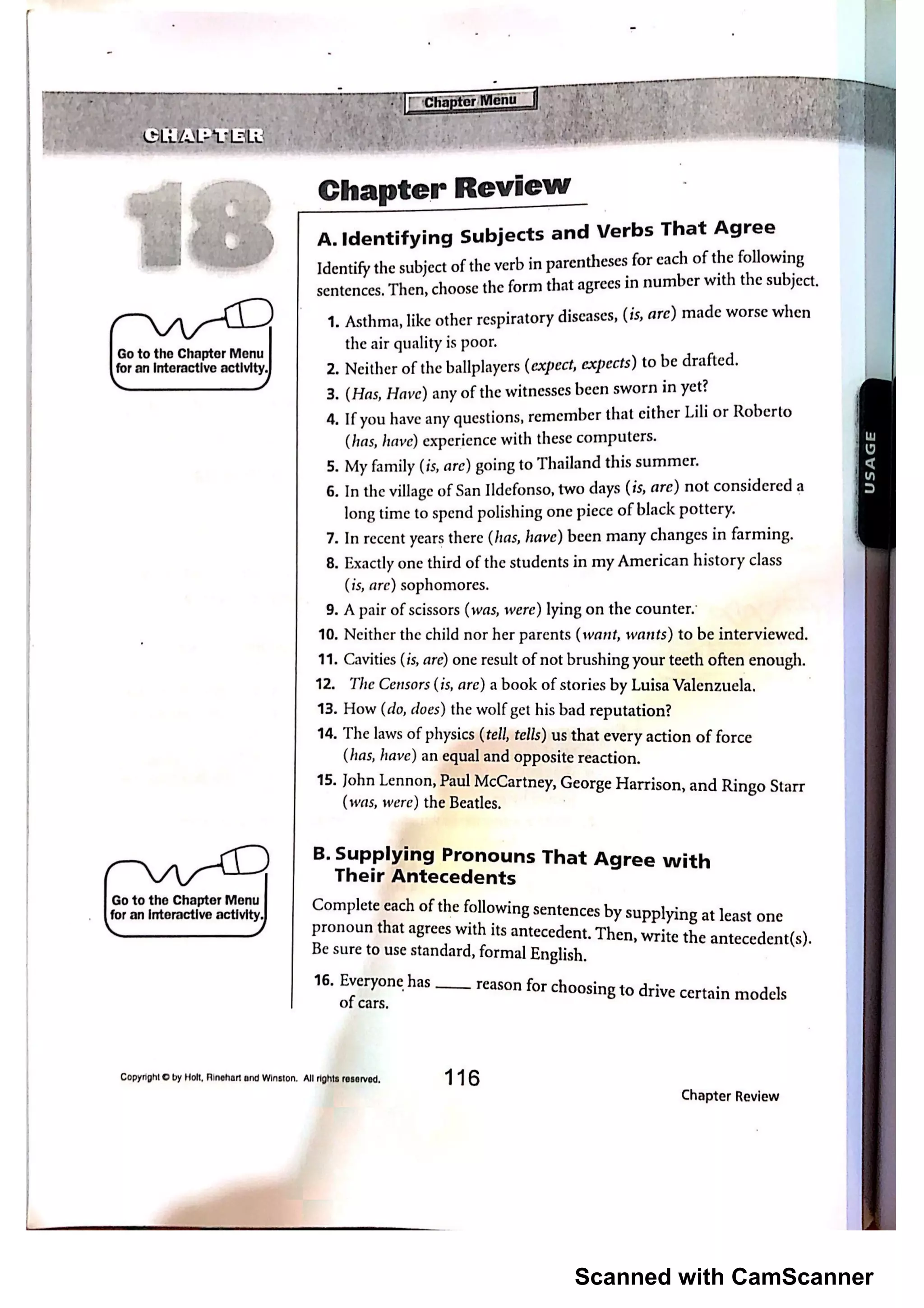 Agreement subject and verb, pronoun and antecedent chapter review chapter review +answers | PDF