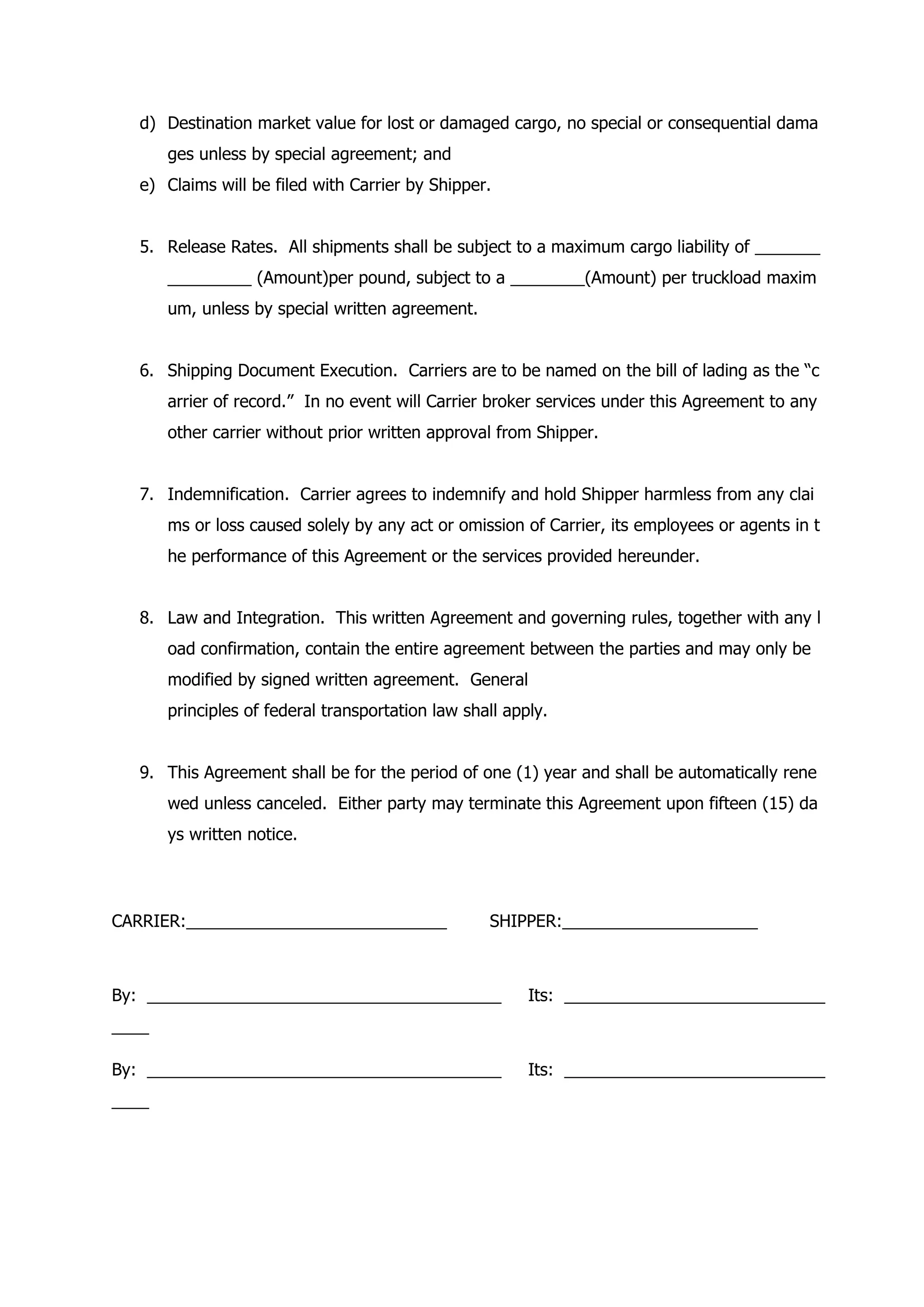 AGREEMENT BETWEEN CARRIER AND SHIPPER | PDF