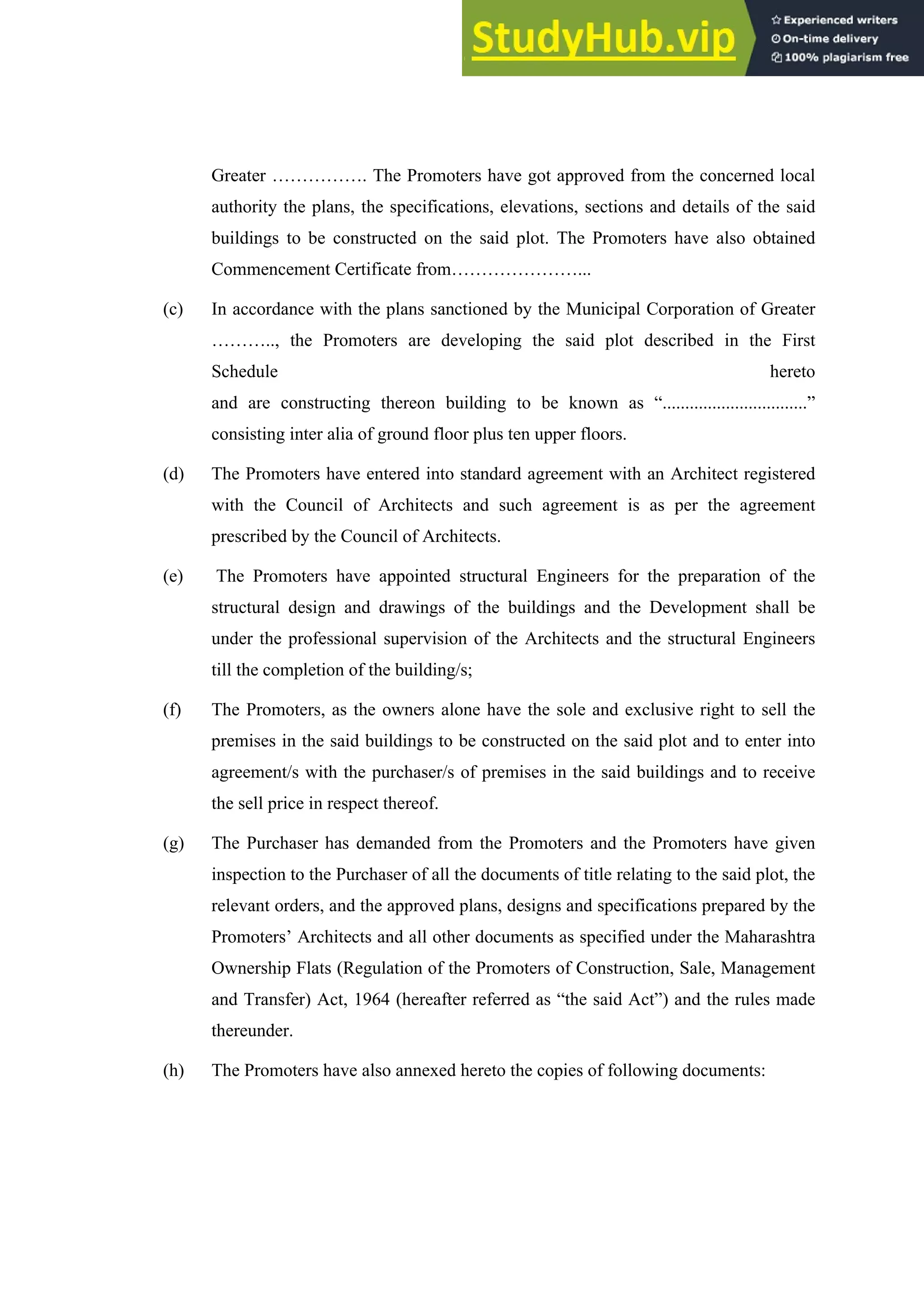 AGREEMENT BETWEEN PROMOTERS AND PURCHASERS OF FLAT | PDF