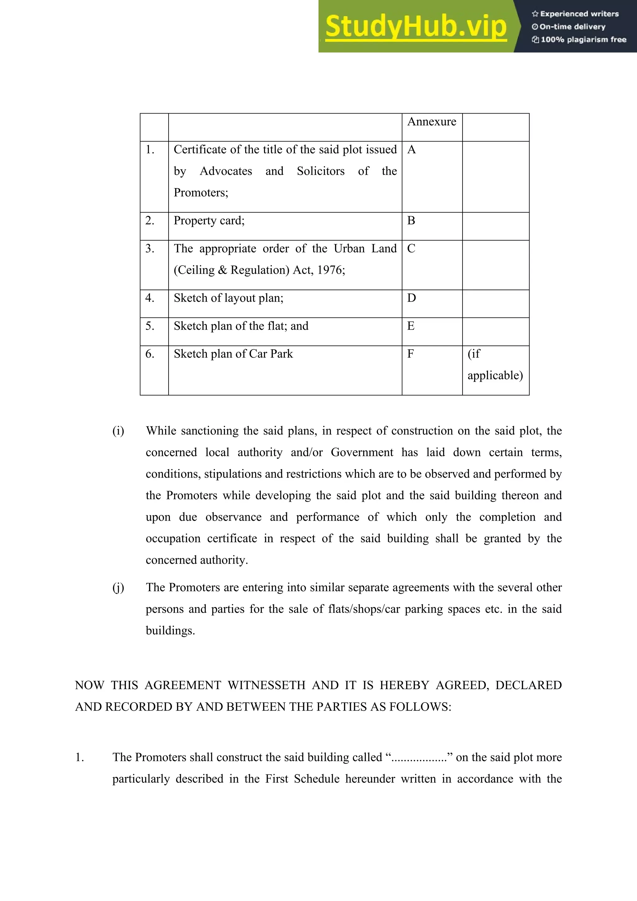 AGREEMENT BETWEEN PROMOTERS AND PURCHASERS OF FLAT | PDF