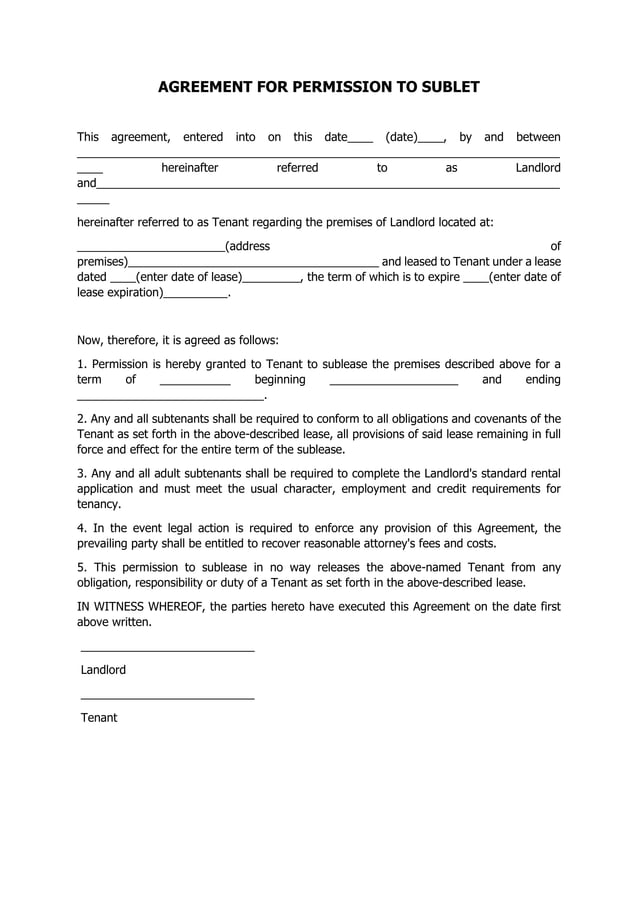 AGREEMENT TO PERMISSION TO SUBLET | PDF