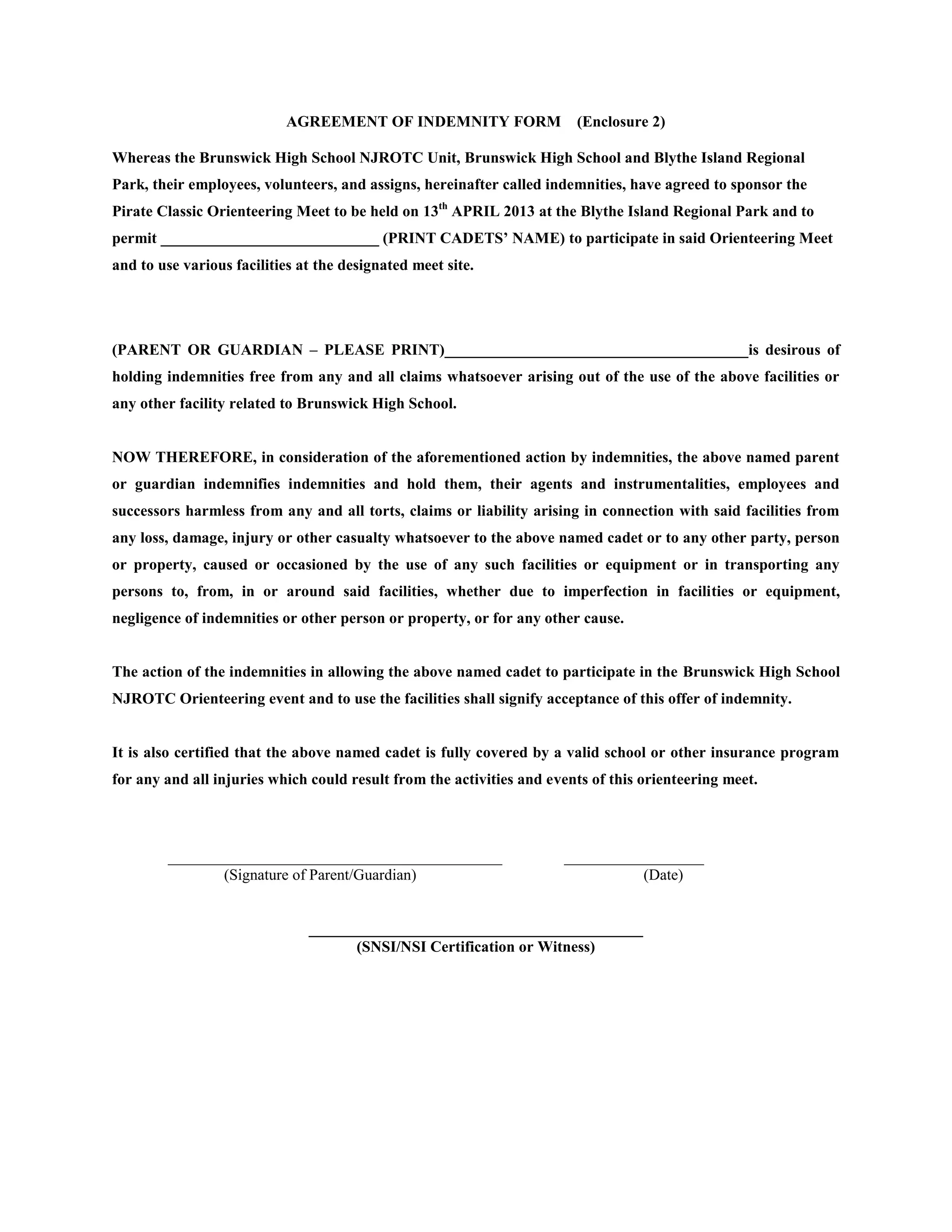 Agreement of indemnity form | PDF