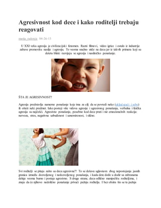 Agresivnost kod dece i kako roditelji trebaju reagovati | DOCX