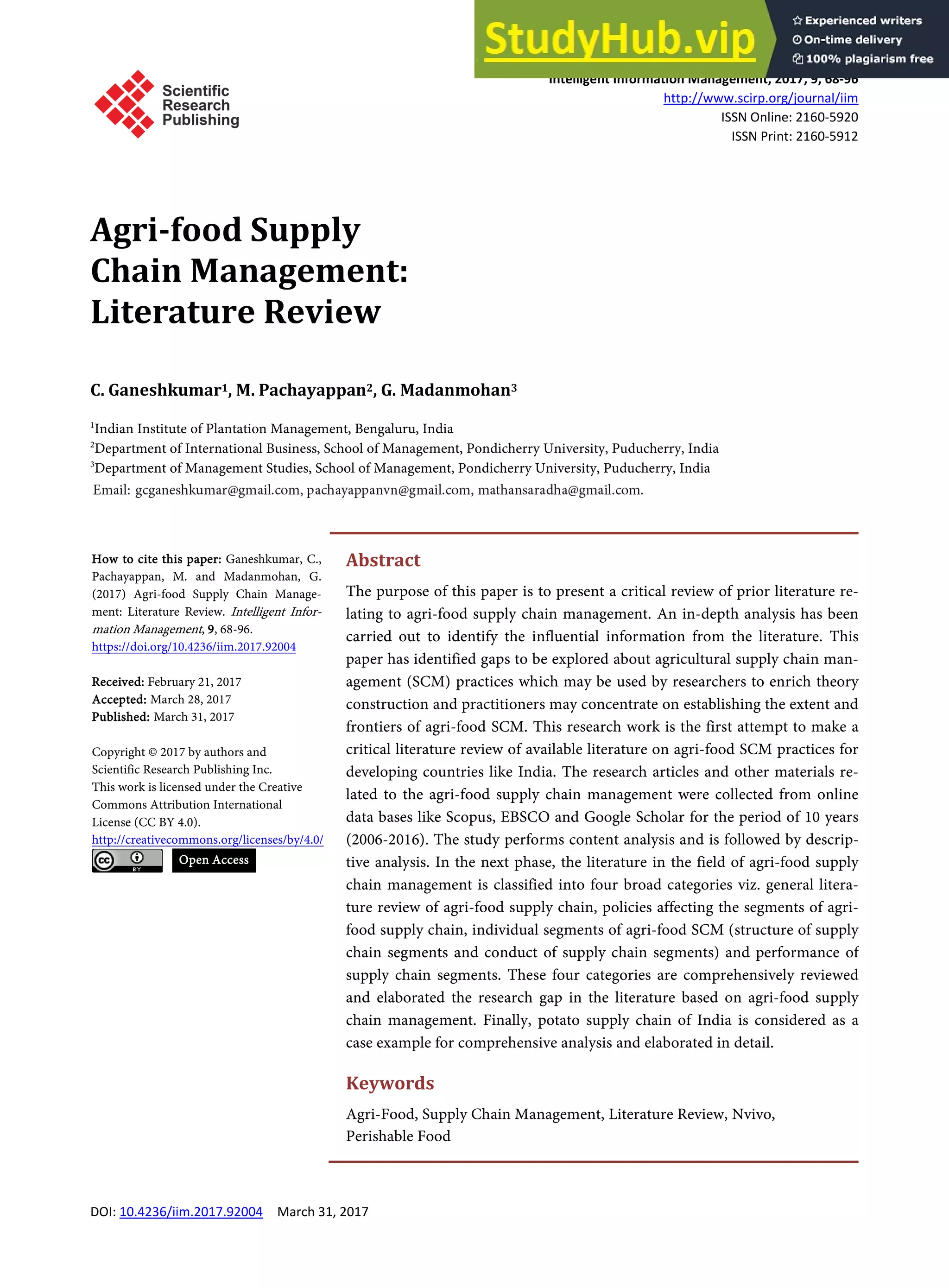 Agri-Food Supply Chain Management Literature Review | PDF