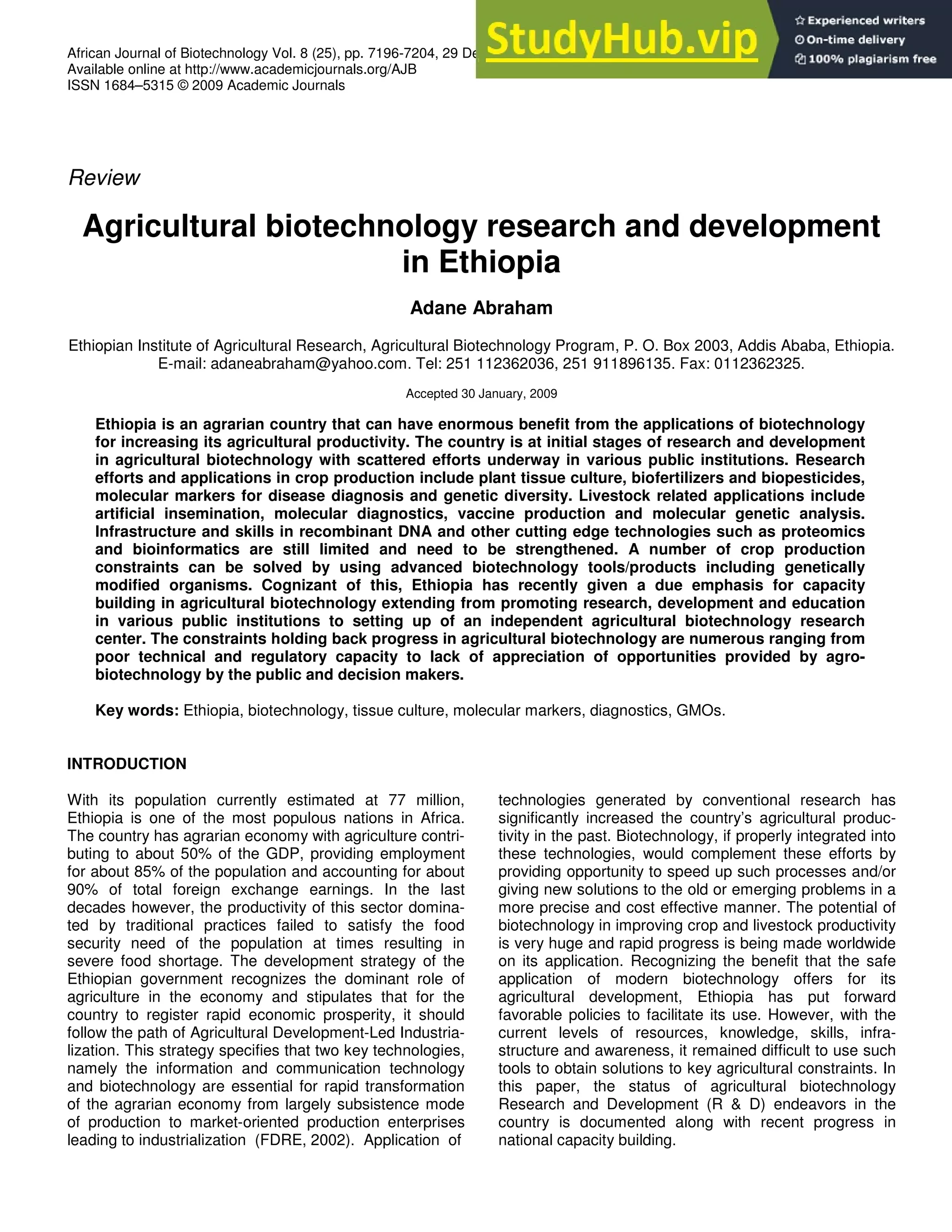 Agricultural Biotechnology Research And Development In Ethiopia | PDF