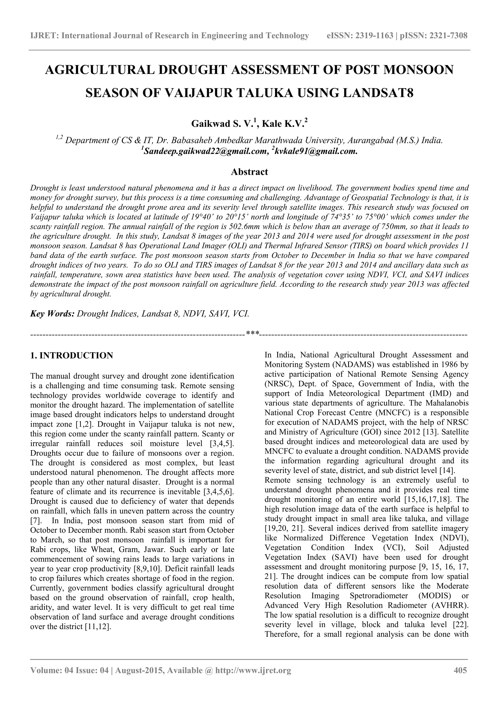 Agricultural drought assessment of post monsoon season of vaijapur ...