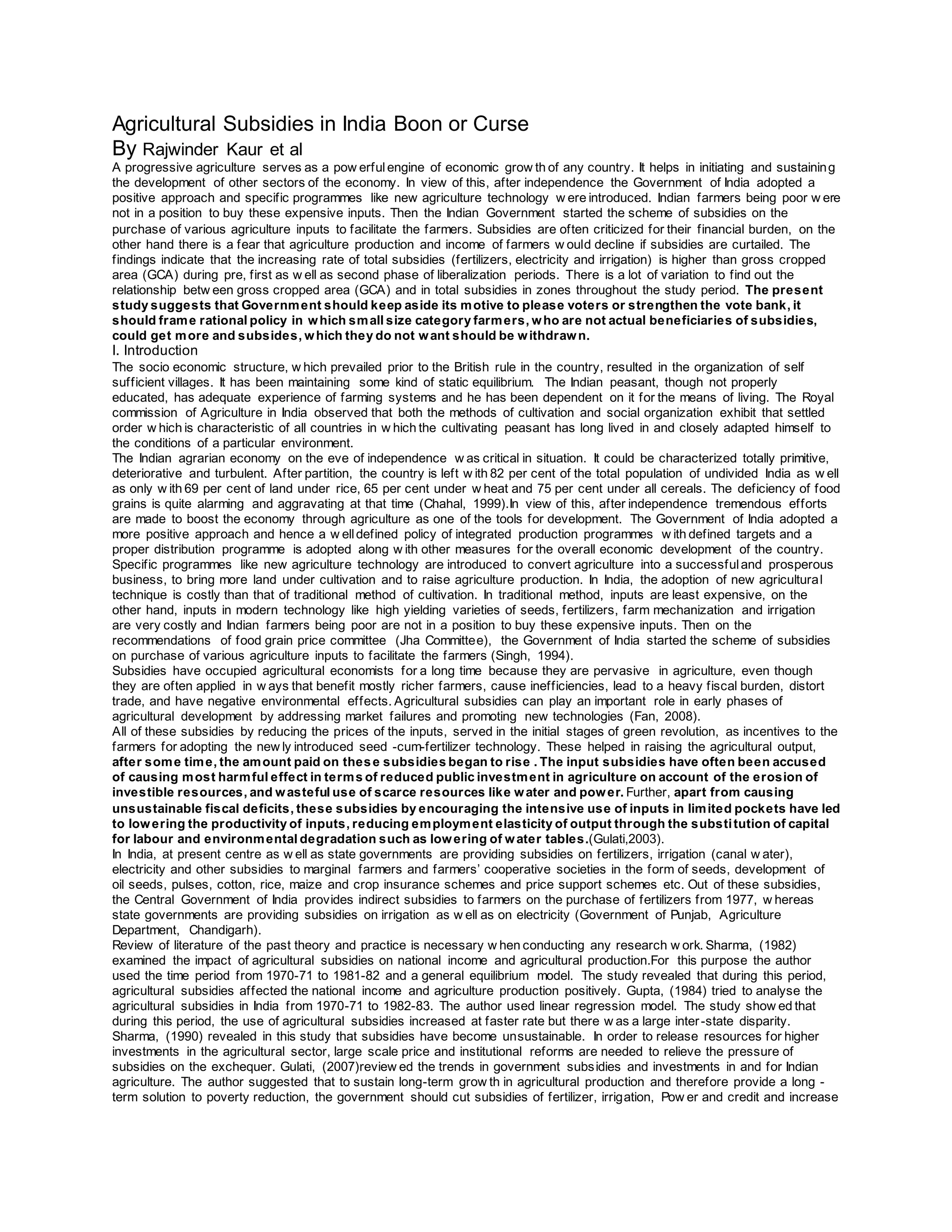 Agricultural subsidies in india boon or curse | DOCX