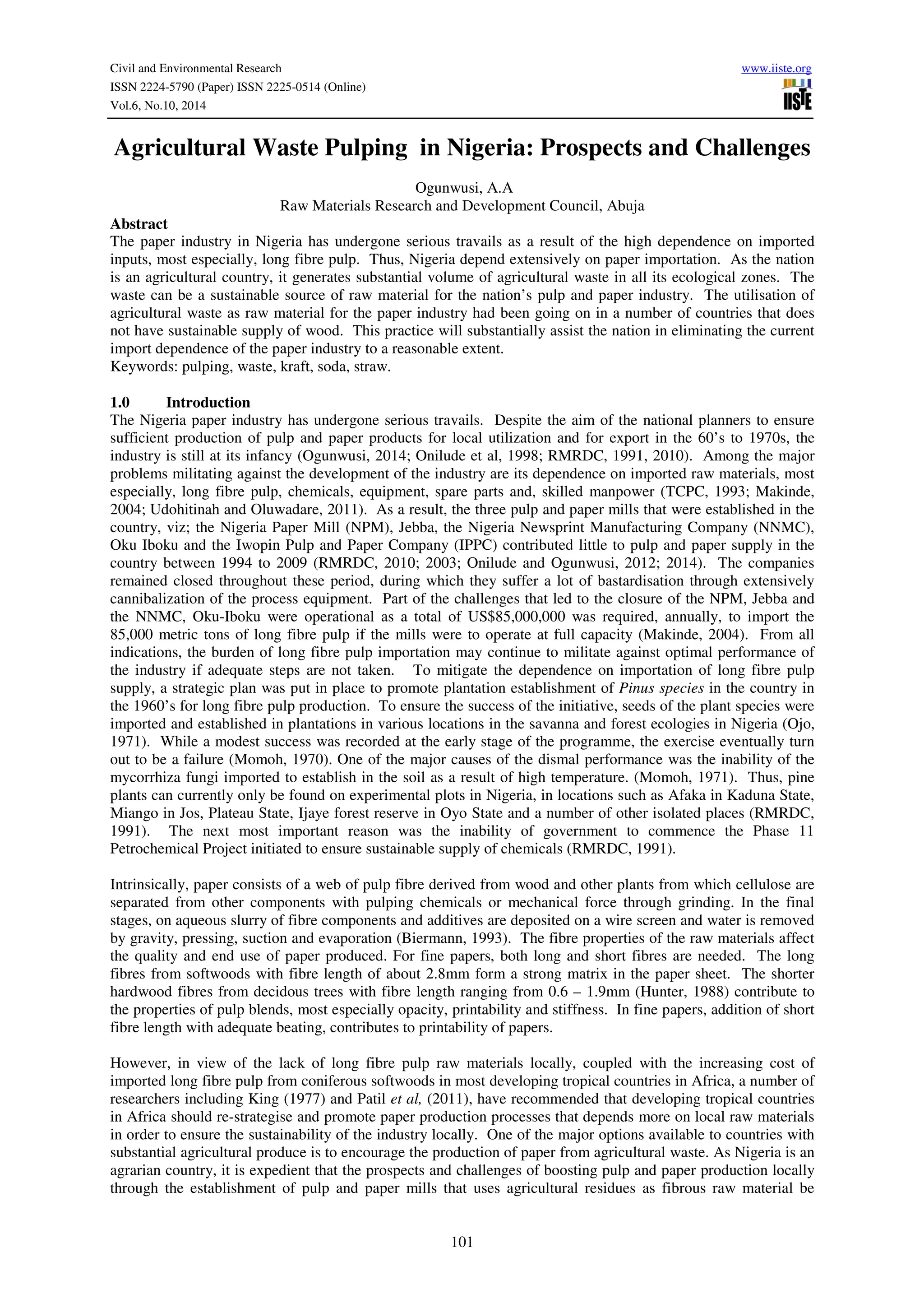 Agricultural waste pulping in nigeria prospects and challenges | PDF