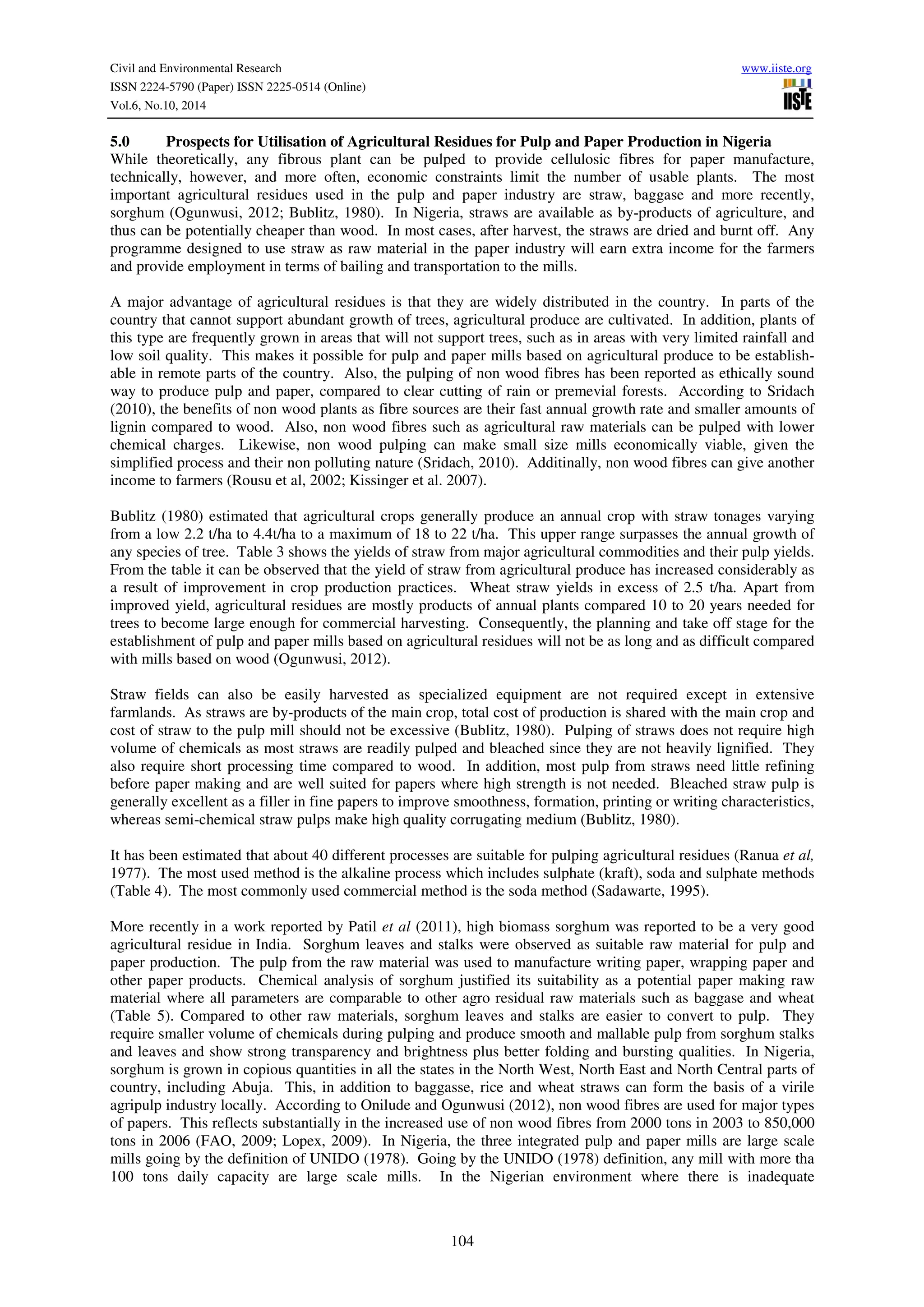 Agricultural waste pulping in nigeria prospects and challenges | PDF