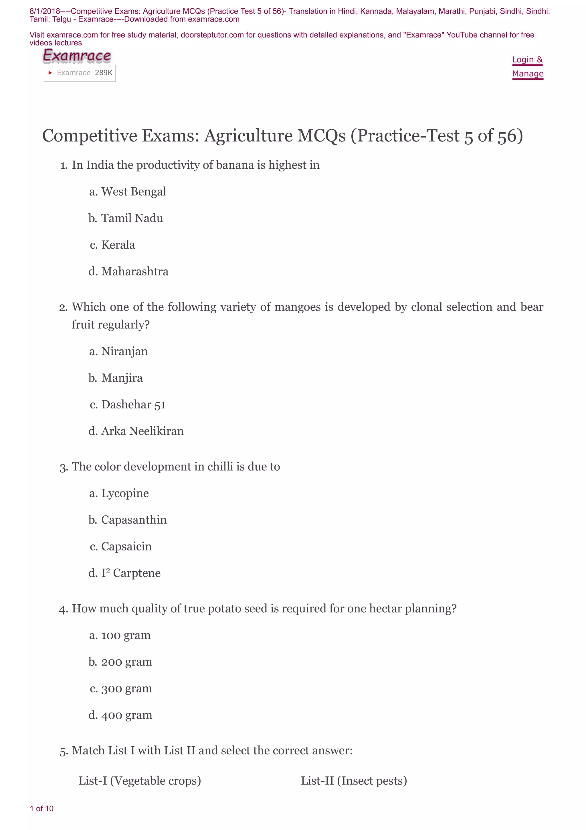 Agriculture mc qs-practice-test-5 | PDF