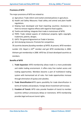 Agriculture Trade and Policy - Class Notes | PDF