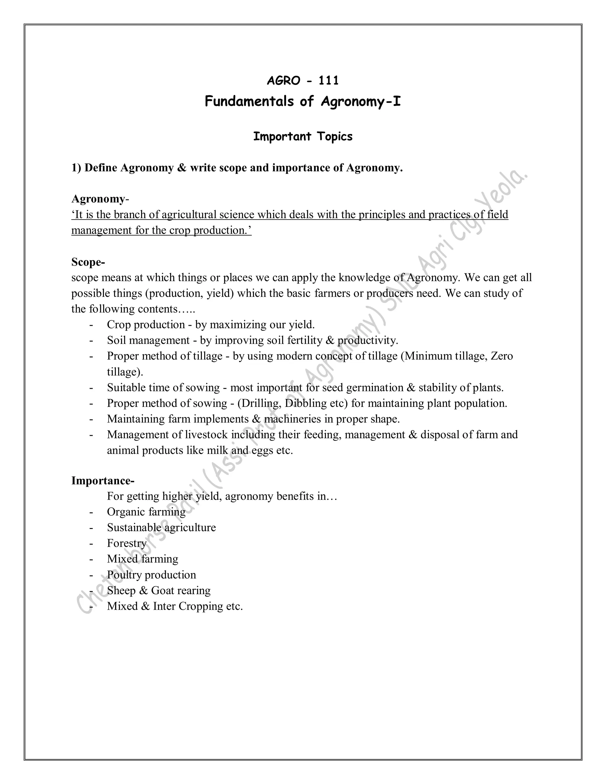 AGRO-111-PRINTED-SHORT-NOTE.pdf AGRO-111-PRINTED-SHORT | PDF