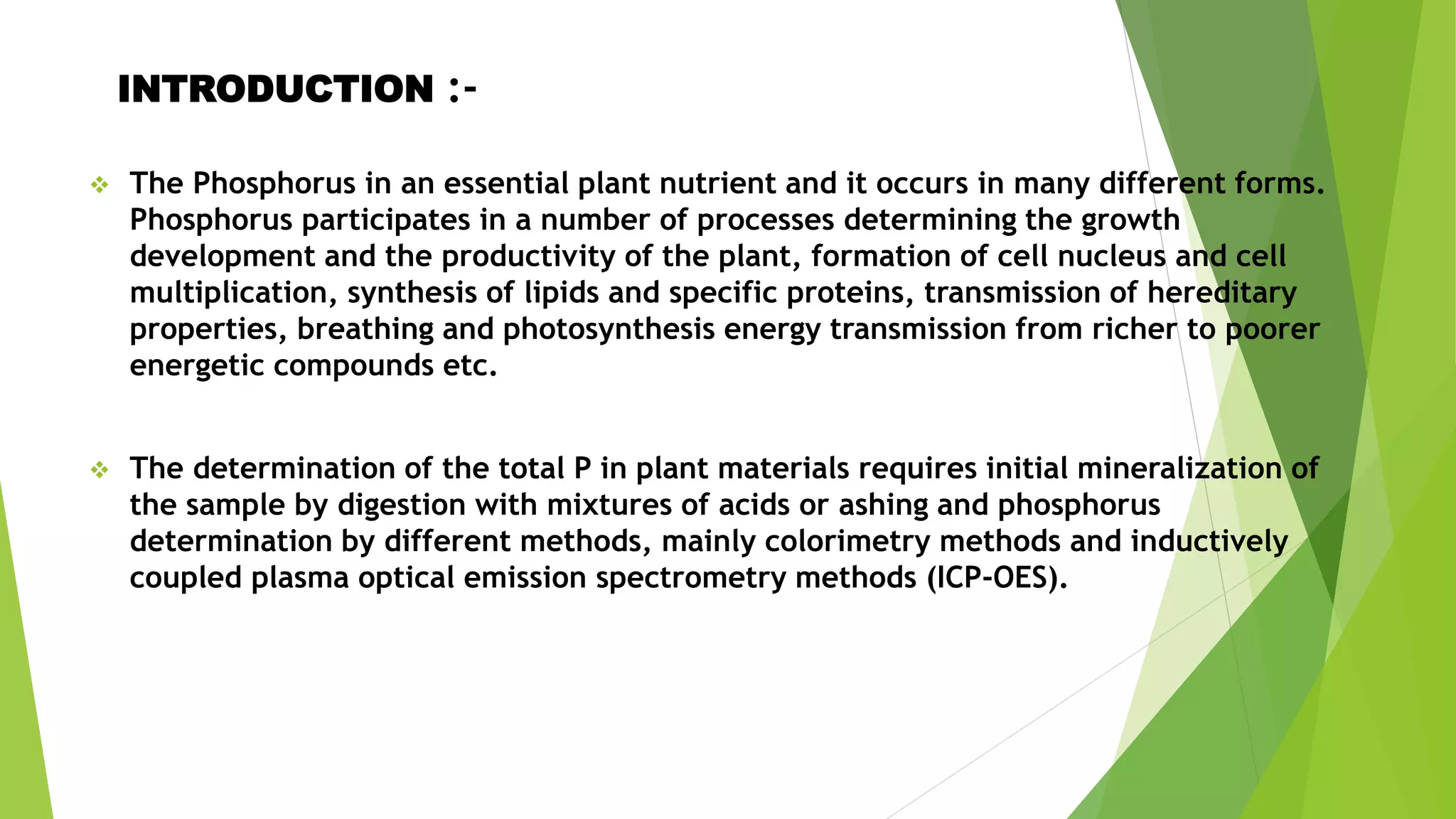Different methods of phosphorus determination in plants | PPTX