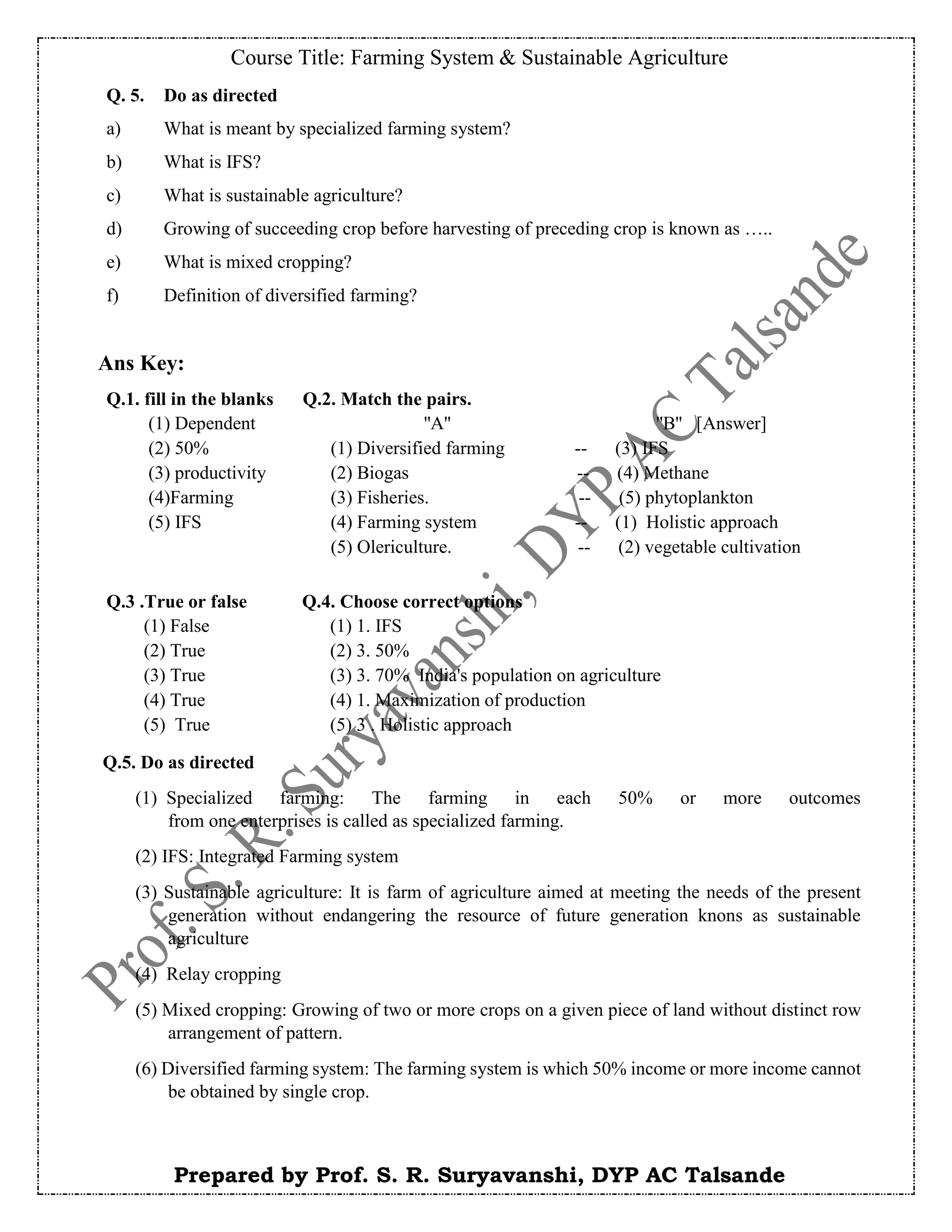 Objectives on Farming System & Sustainable Agriculture | PDF