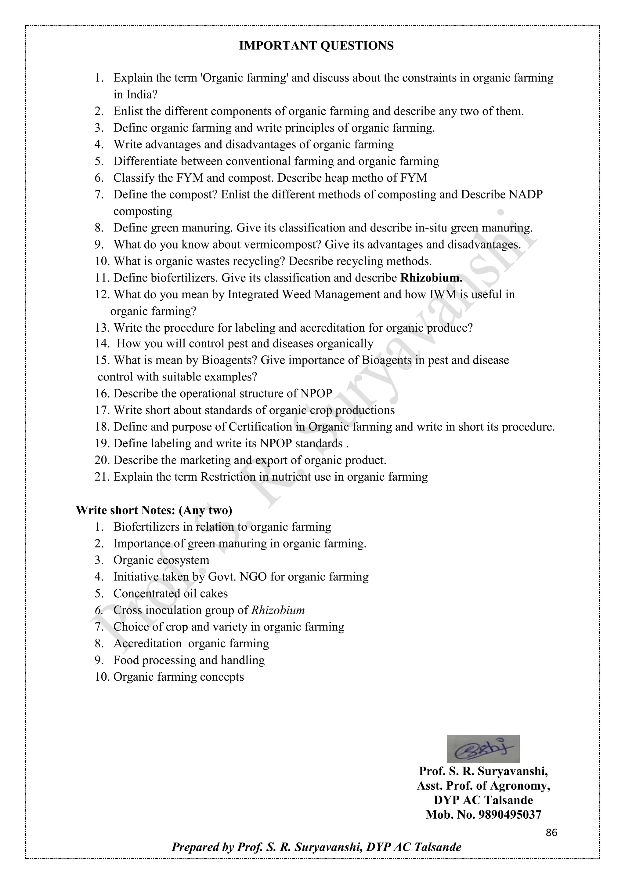 Principles of Organic Farming theory notes (AGRO-248) | PDF