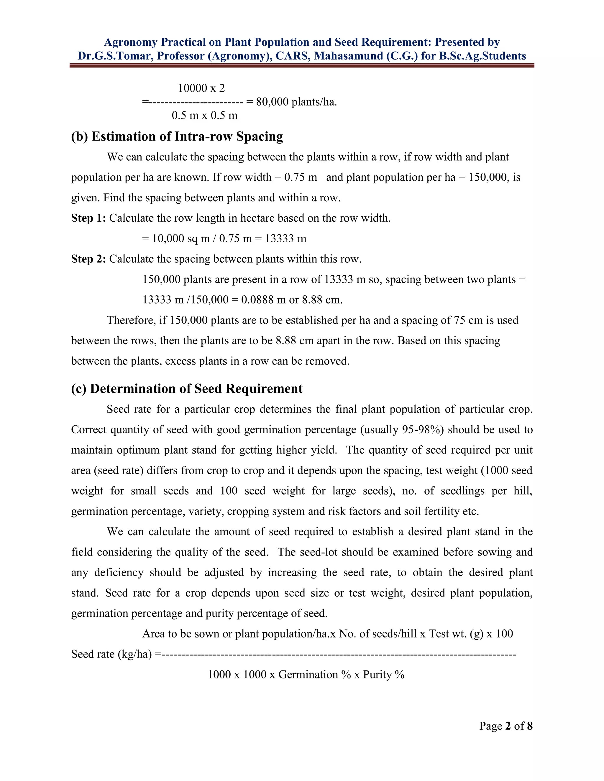 Agronomy Practical on Estimation of Seed requirement and plant ...