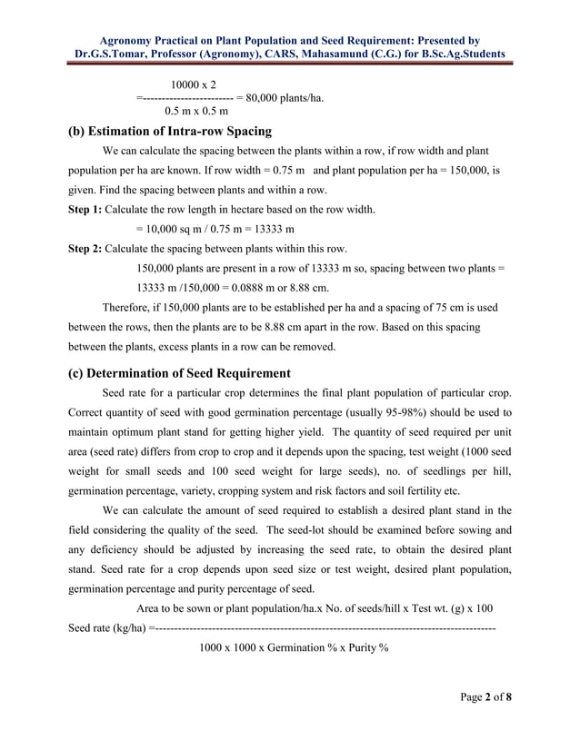 Agronomy Practical on Estimation of Seed requirement and plant ...