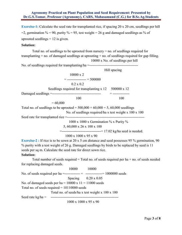 Agronomy Practical on Estimation of Seed requirement and plant ...