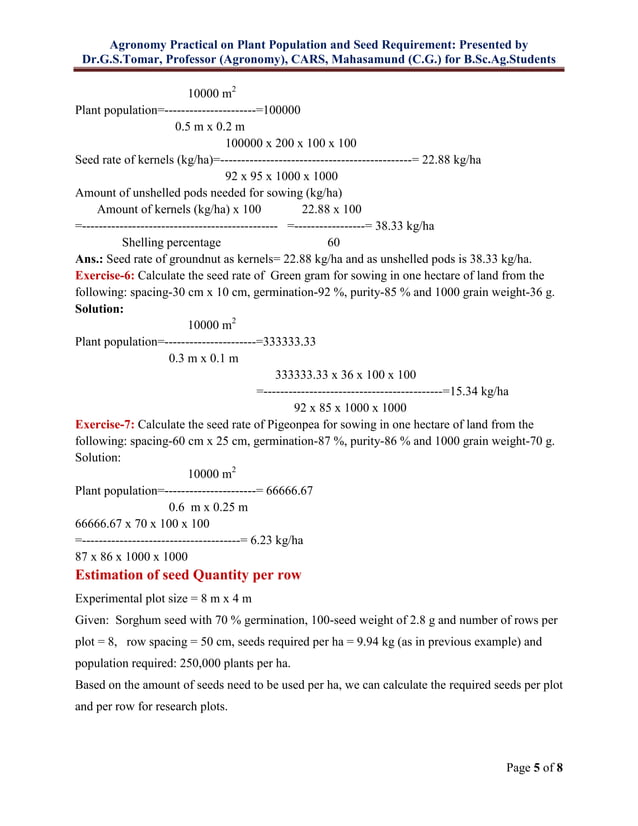 Agronomy Practical on Estimation of Seed requirement and plant ...