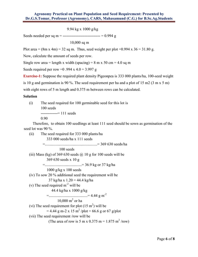 Agronomy Practical on Estimation of Seed requirement and plant ...