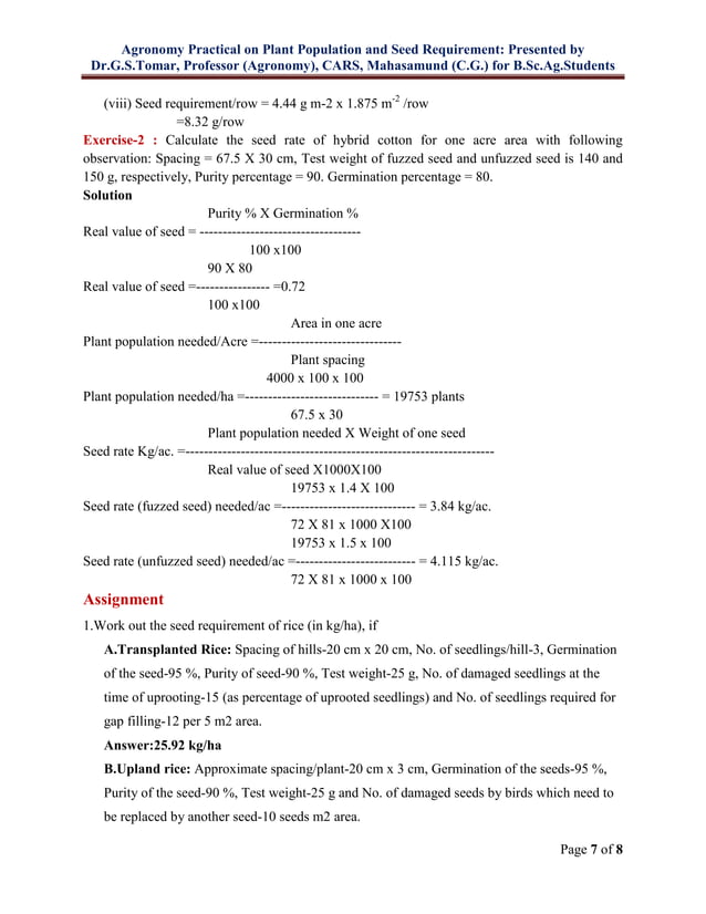 Agronomy Practical on Estimation of Seed requirement and plant ...