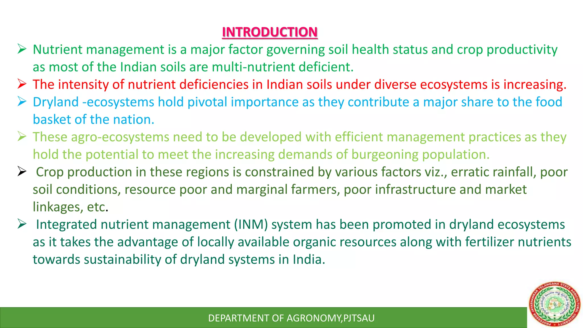 Integrated nutrient management influence on crop yields in dryland agriculture | PPTX