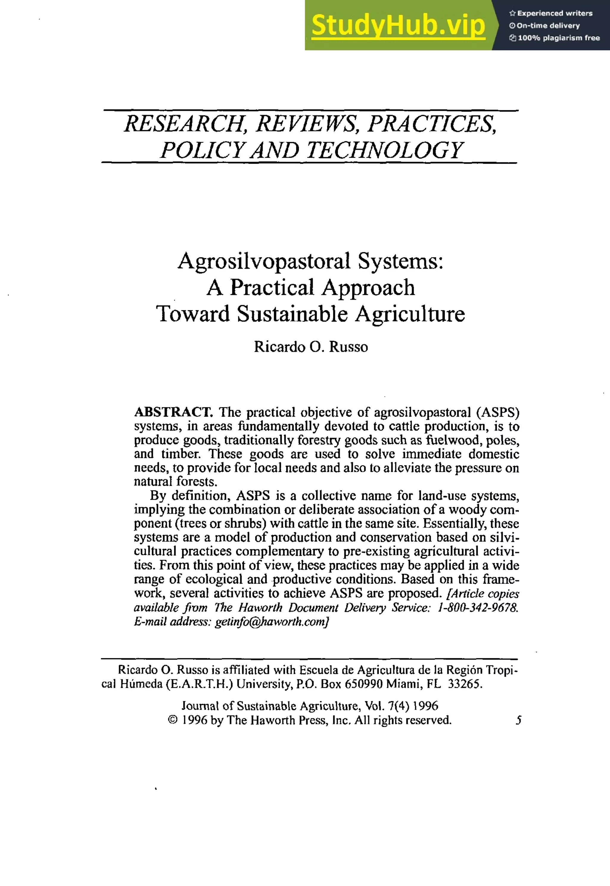 Agrosilvopastoral Systems A Practical Approach Toward Sustainable ...