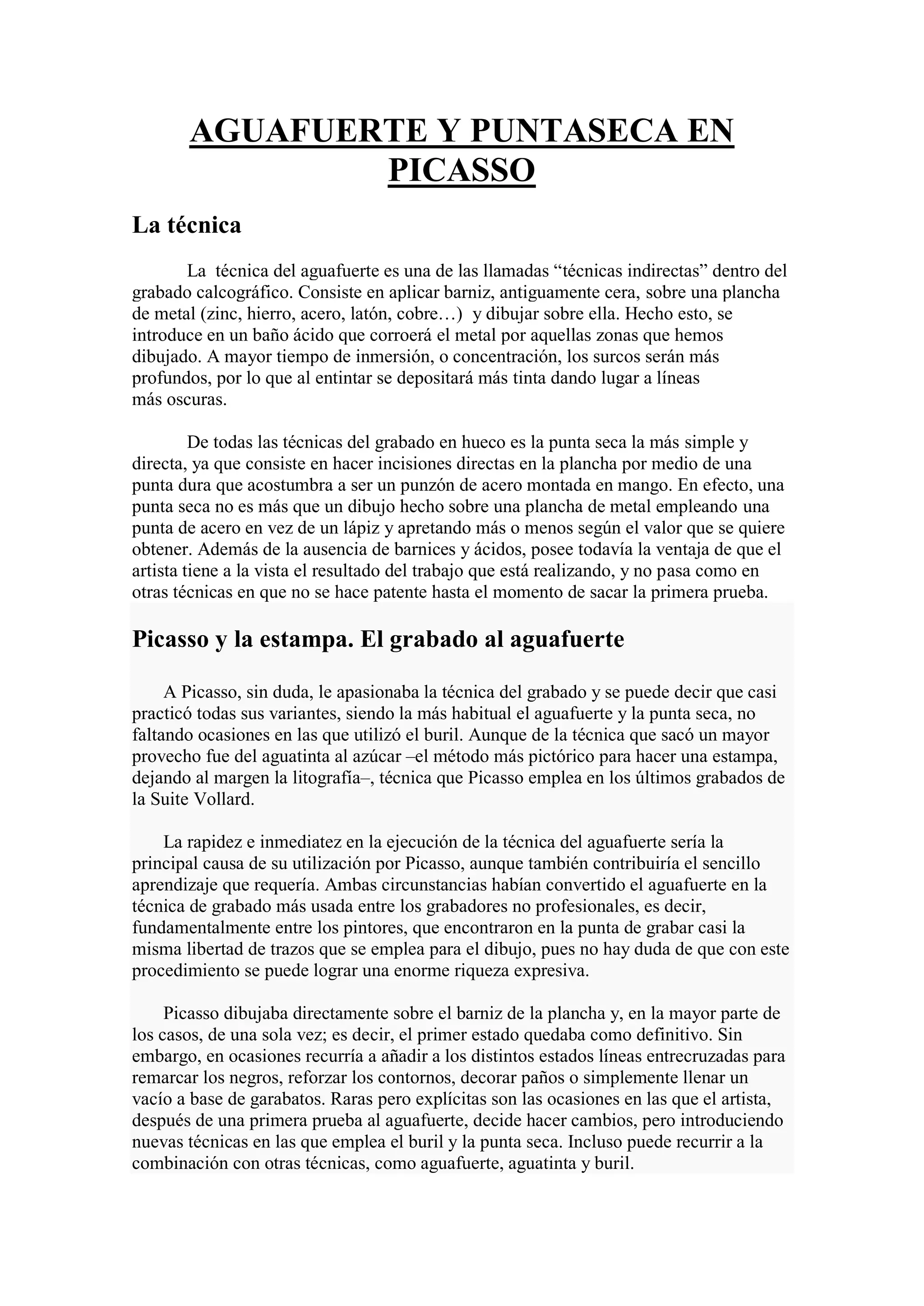 Pablo Picasso y la técnica de la punta seca | PDF