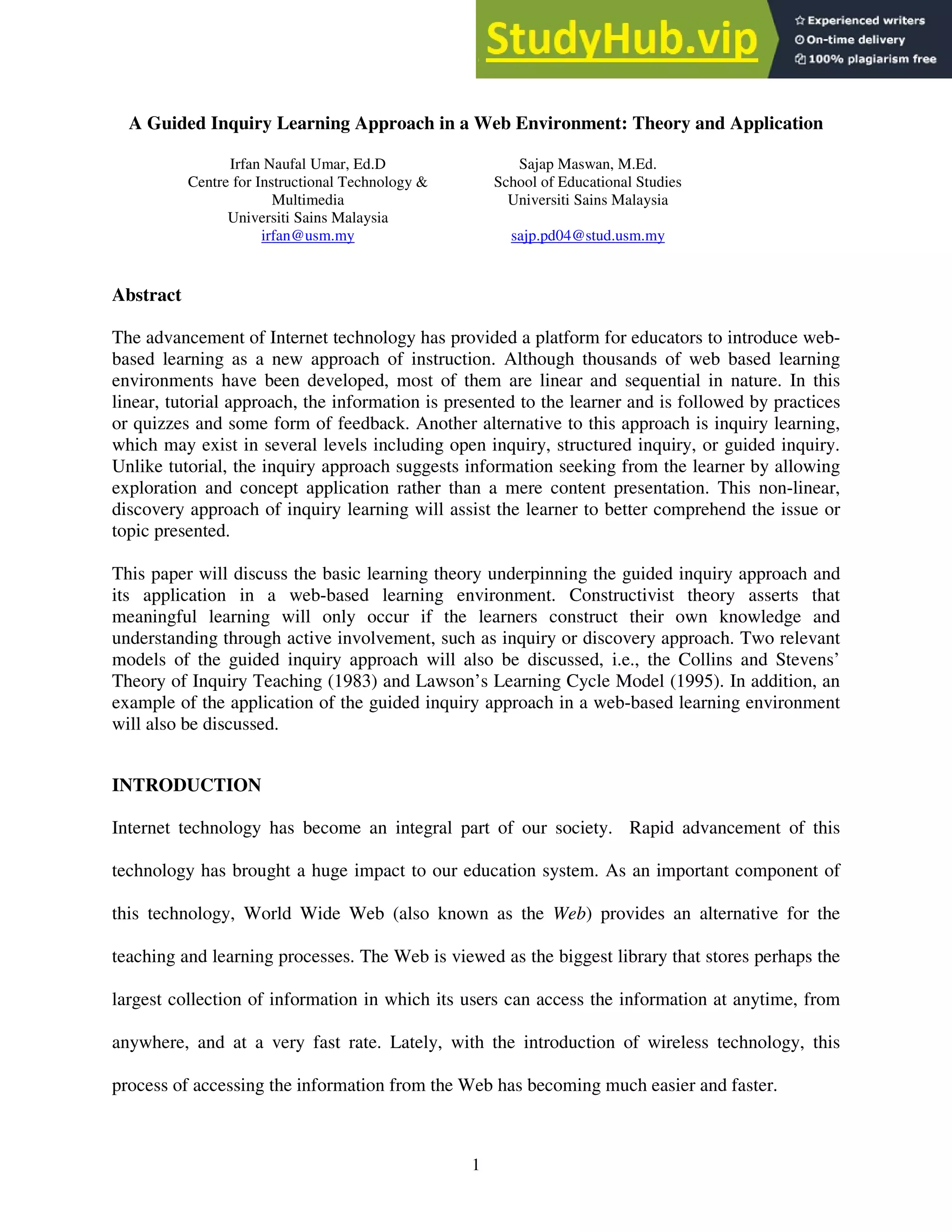 A Guided Inquiry Learning Approach In A Web Environment | PDF