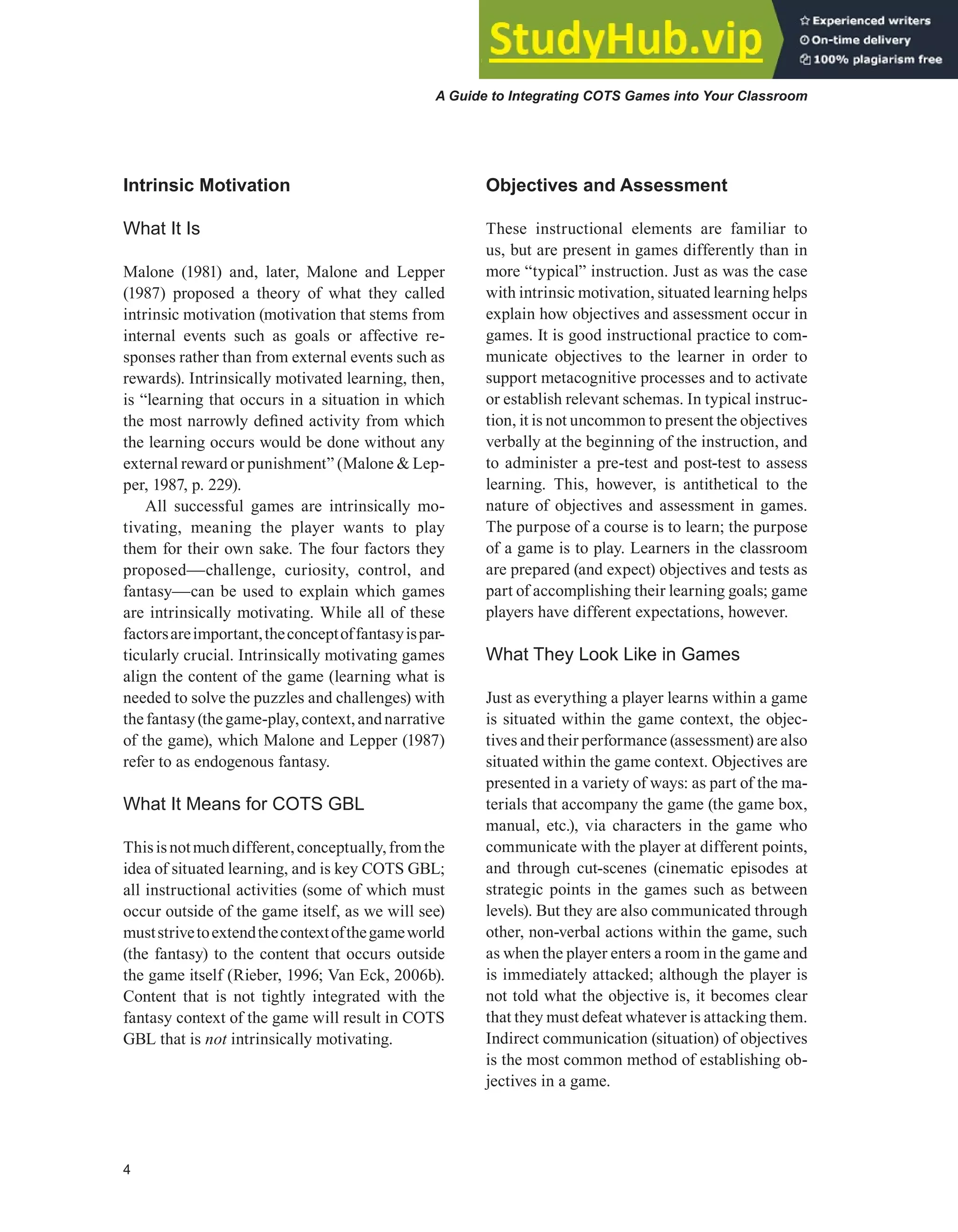 A Guide To Integrating COTS Games Into Your Classroom | PDF