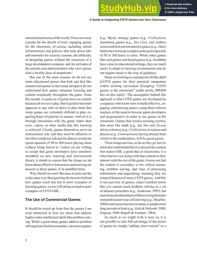 A Guide To Integrating COTS Games Into Your Classroom | PDF