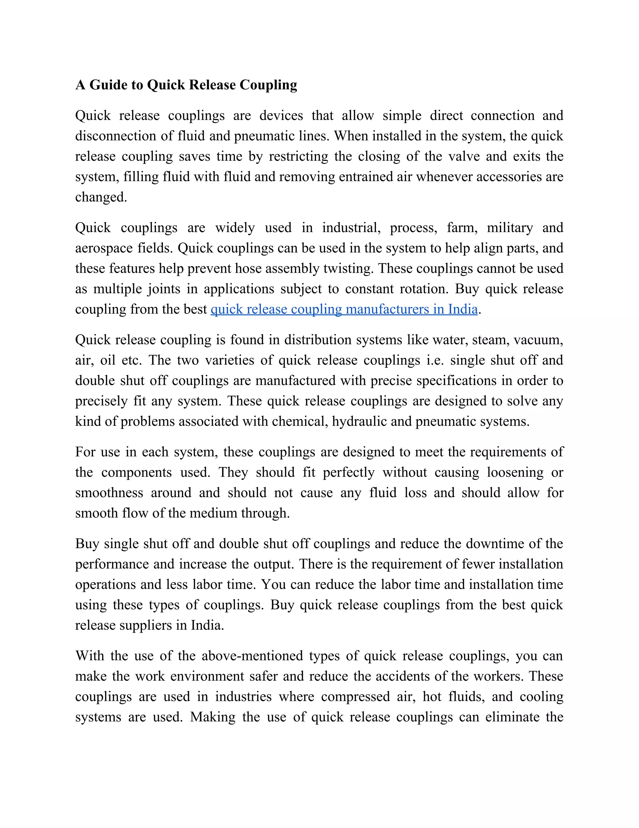 A guide to quick release coupling | PDF