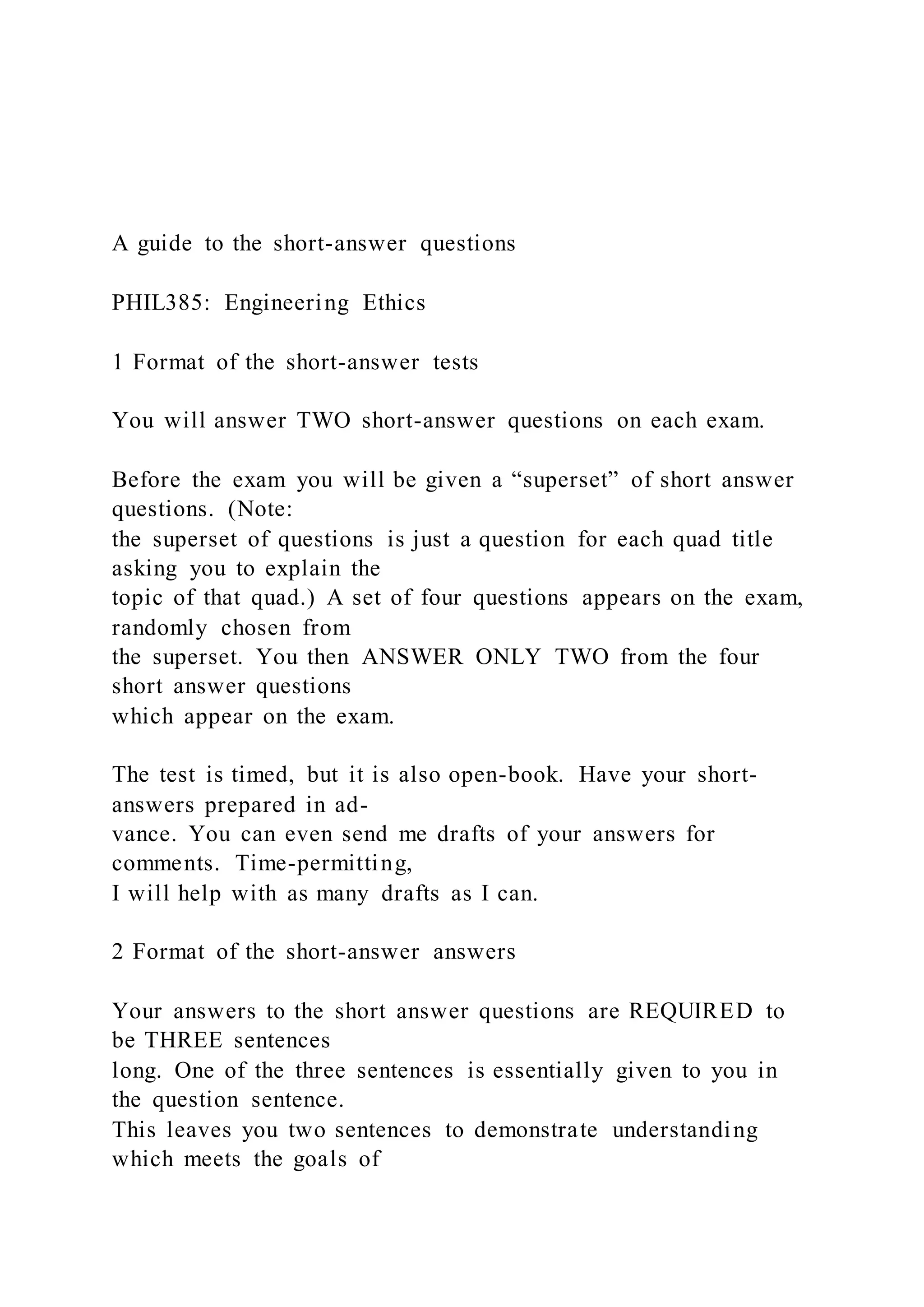 A guide to the short-answer questionsPHIL385 Engineering | DOCX