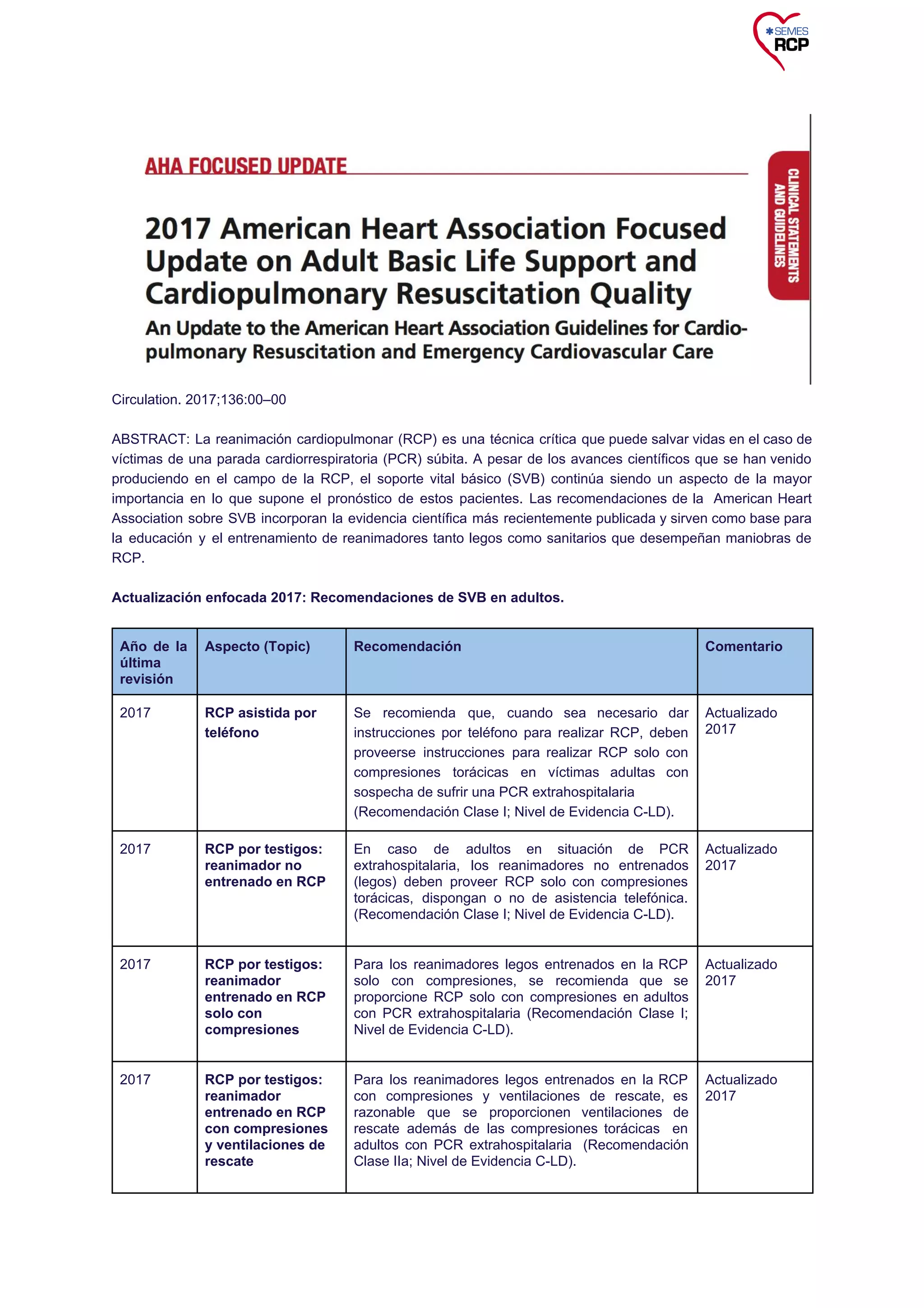 AHA 2017: actualización RCP básica adultos y pediatría | PDF | First ...