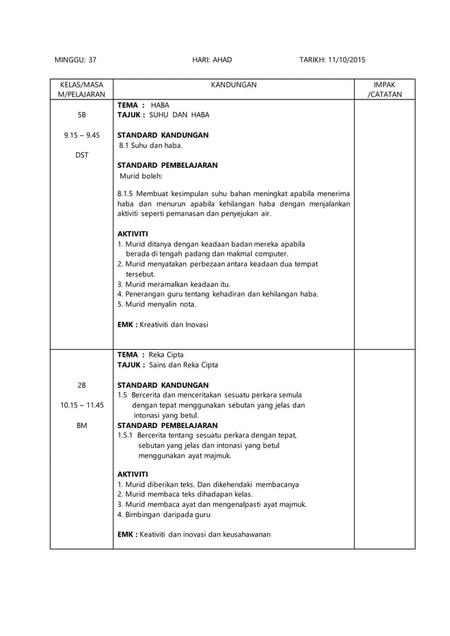 CONTOH RANCANGAN PENGAJARAN HARIAN | PDF