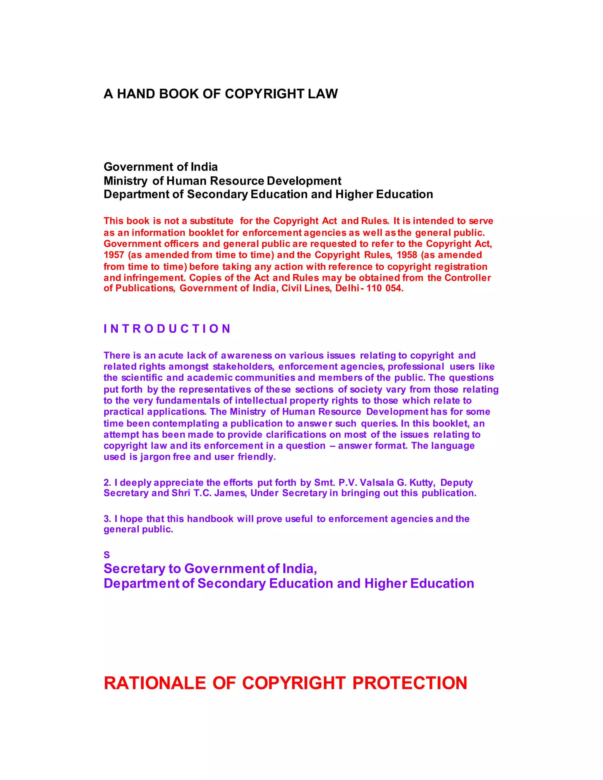 A hand book of copyright law | PDF
