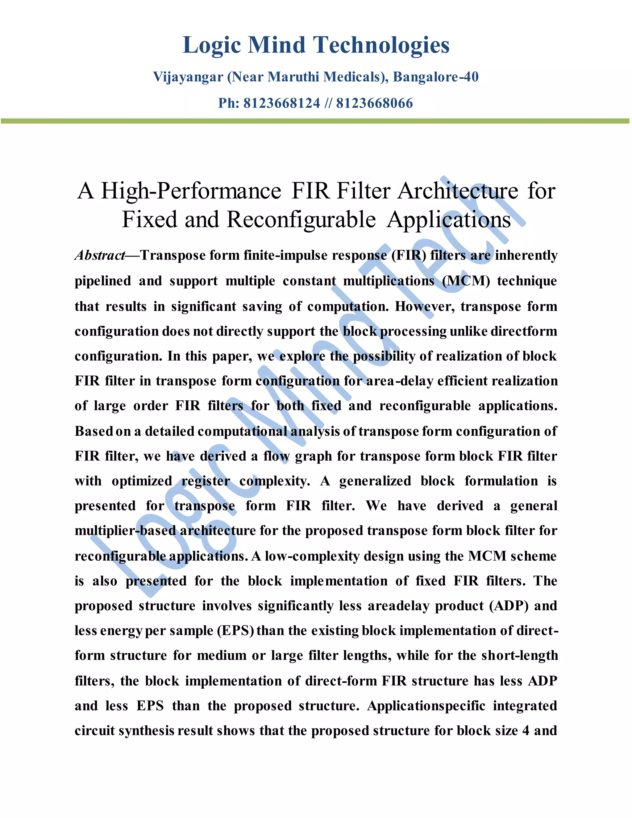 A high performance fir filter architecture for | DOCX