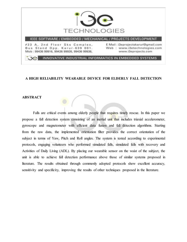 A High Reliability Wearable Device For Elderly Fall Detection Pdf