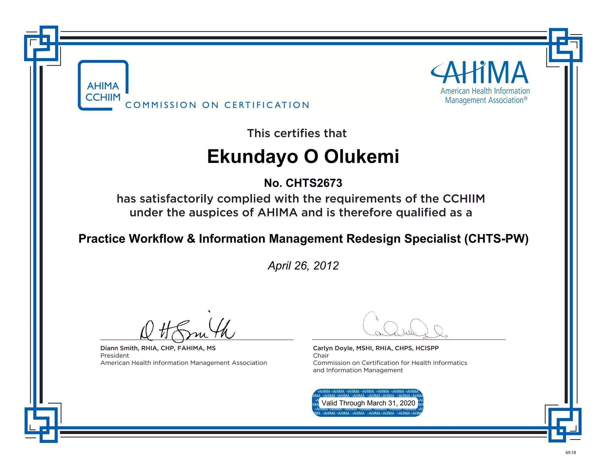 Ekundayo Olukemi AHIMA CCHIM Certificate | PDF