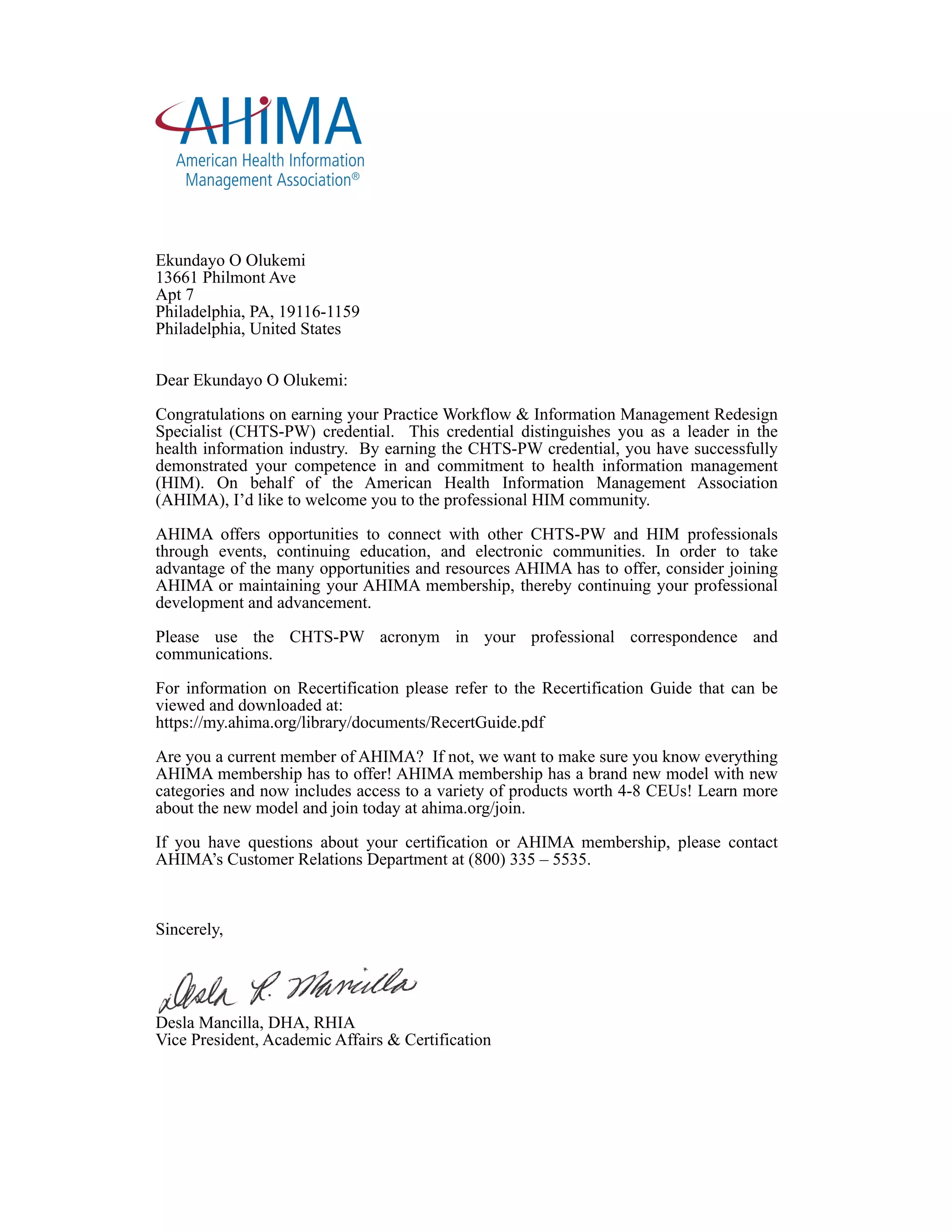 Ekundayo Olukemi AHIMA CCHIM Certificate | PDF