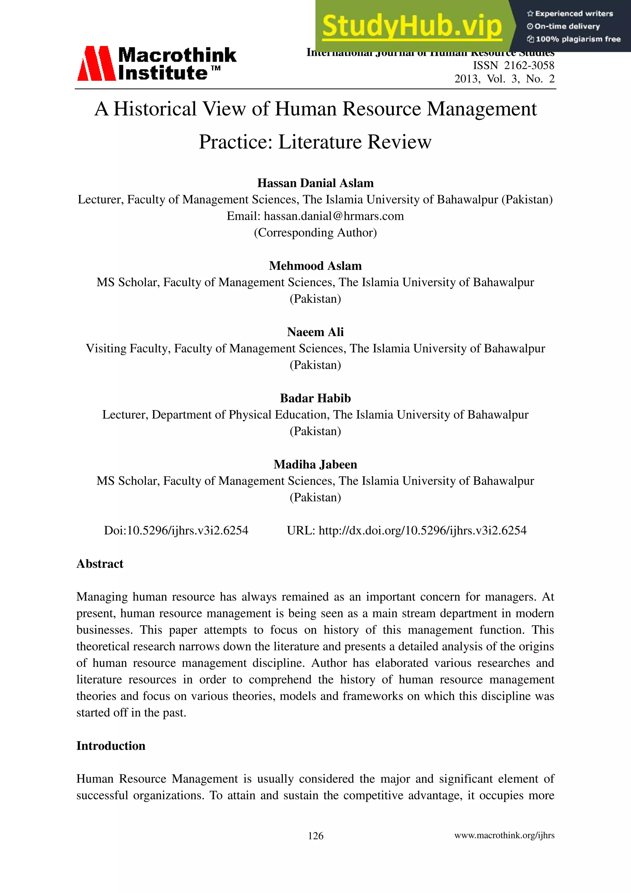 A Historical View Of Human Resource Management Practice Literature Review | PDF