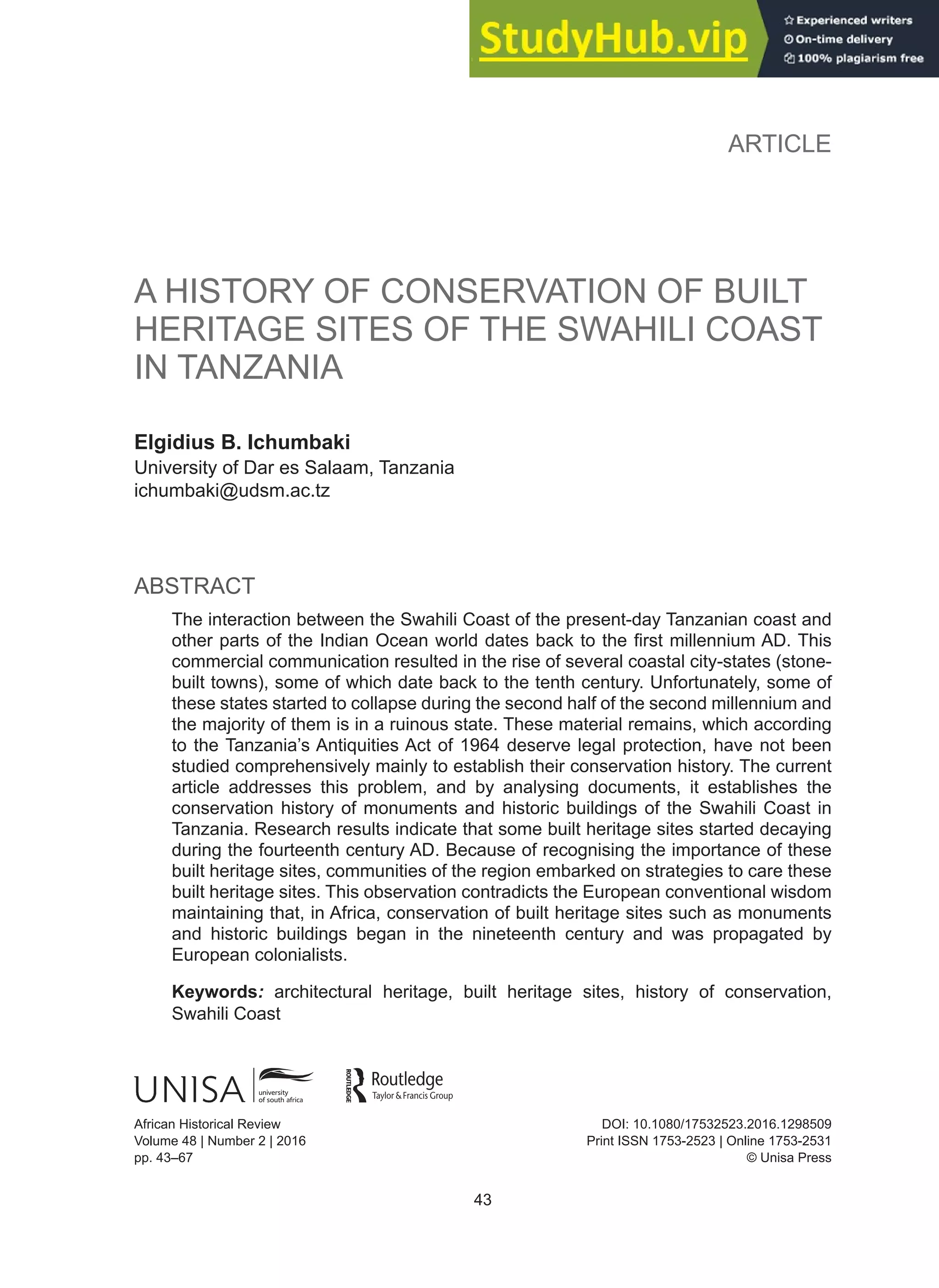 A History Of Conservation Of Built Heritage Sites Of The Swahili Coast ...