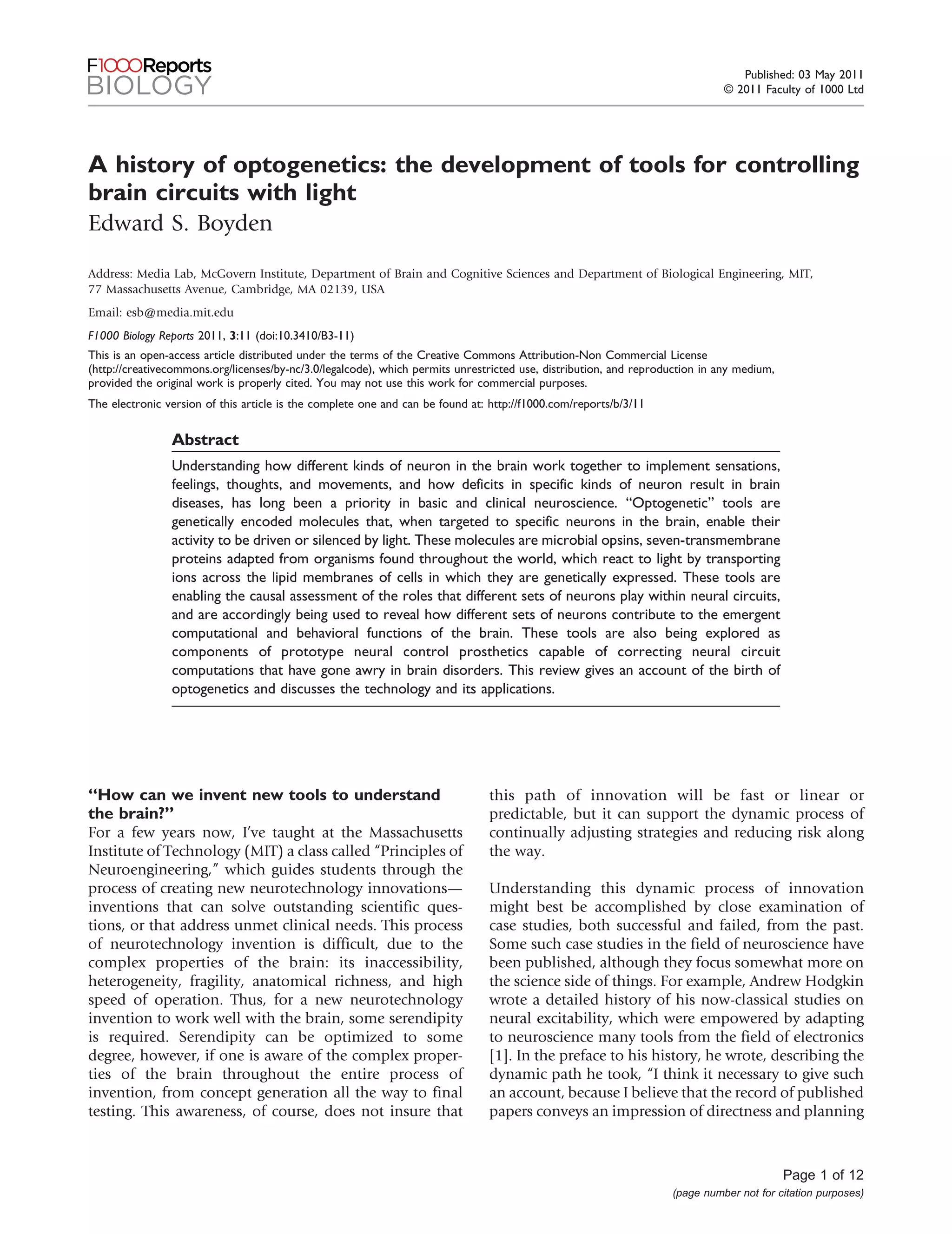 A history of optogenetics the development of tools for controlling ...